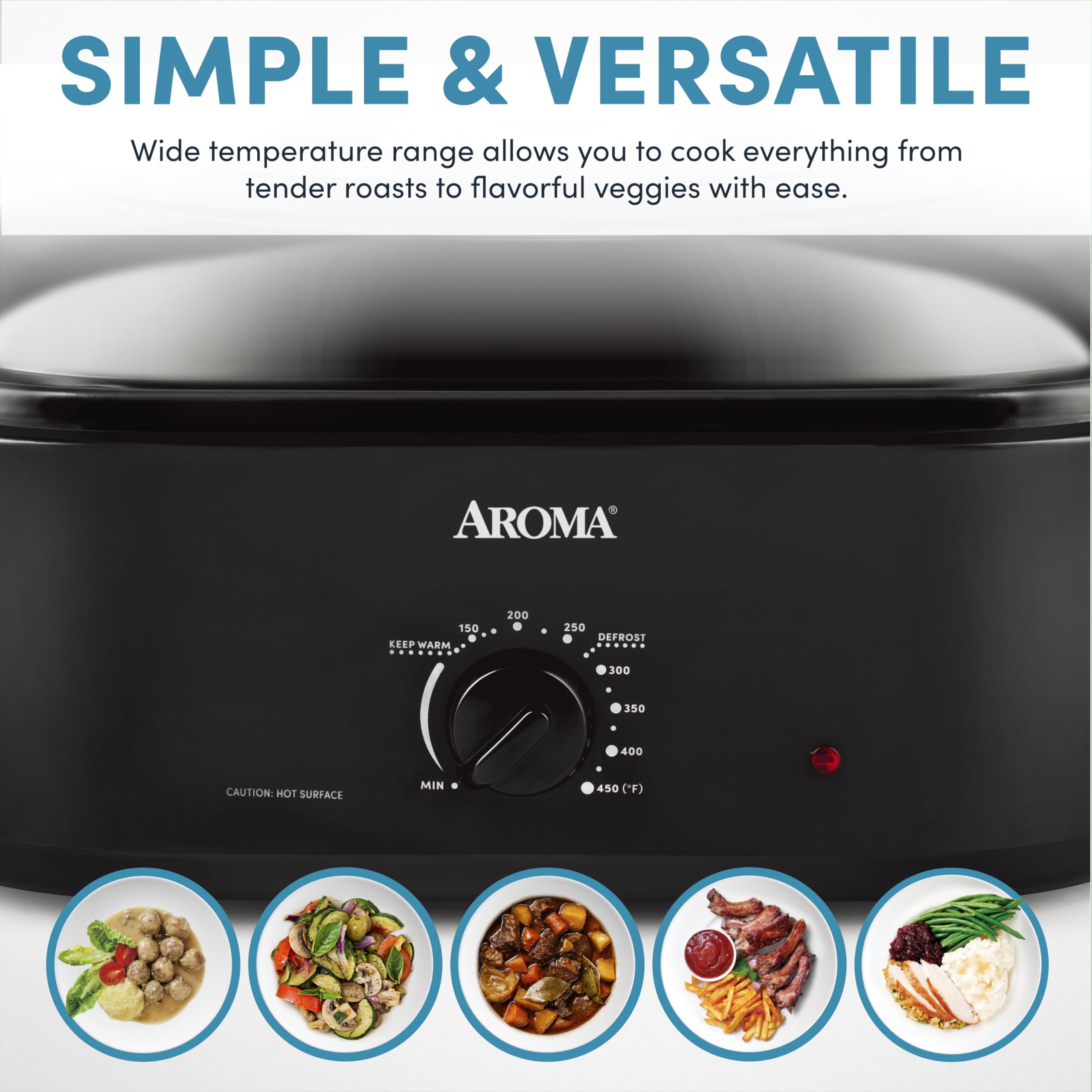 AROMA 18Qt. Roaster Oven with Self-Basting Lid, Fits 22-lb. Turkey, Adjustable Temperature Settings, Keep Warm Setting, Black (ART-718B)