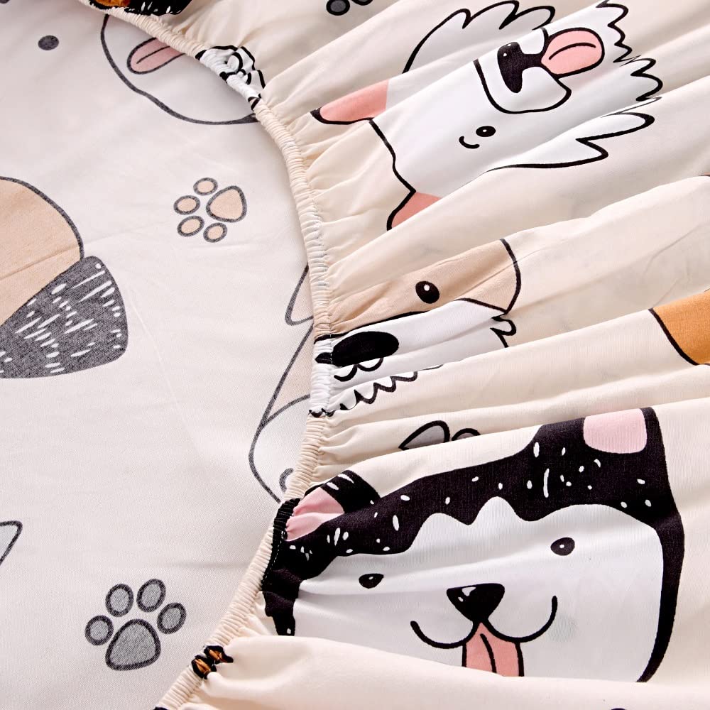 KWLOVER 2PCS Soft Bed Fitted Sheet and Pillowcase Set for Single Bed,Doggy Printed Puppy Pattern Design Sheets for Kids Teens Twin Size Bed