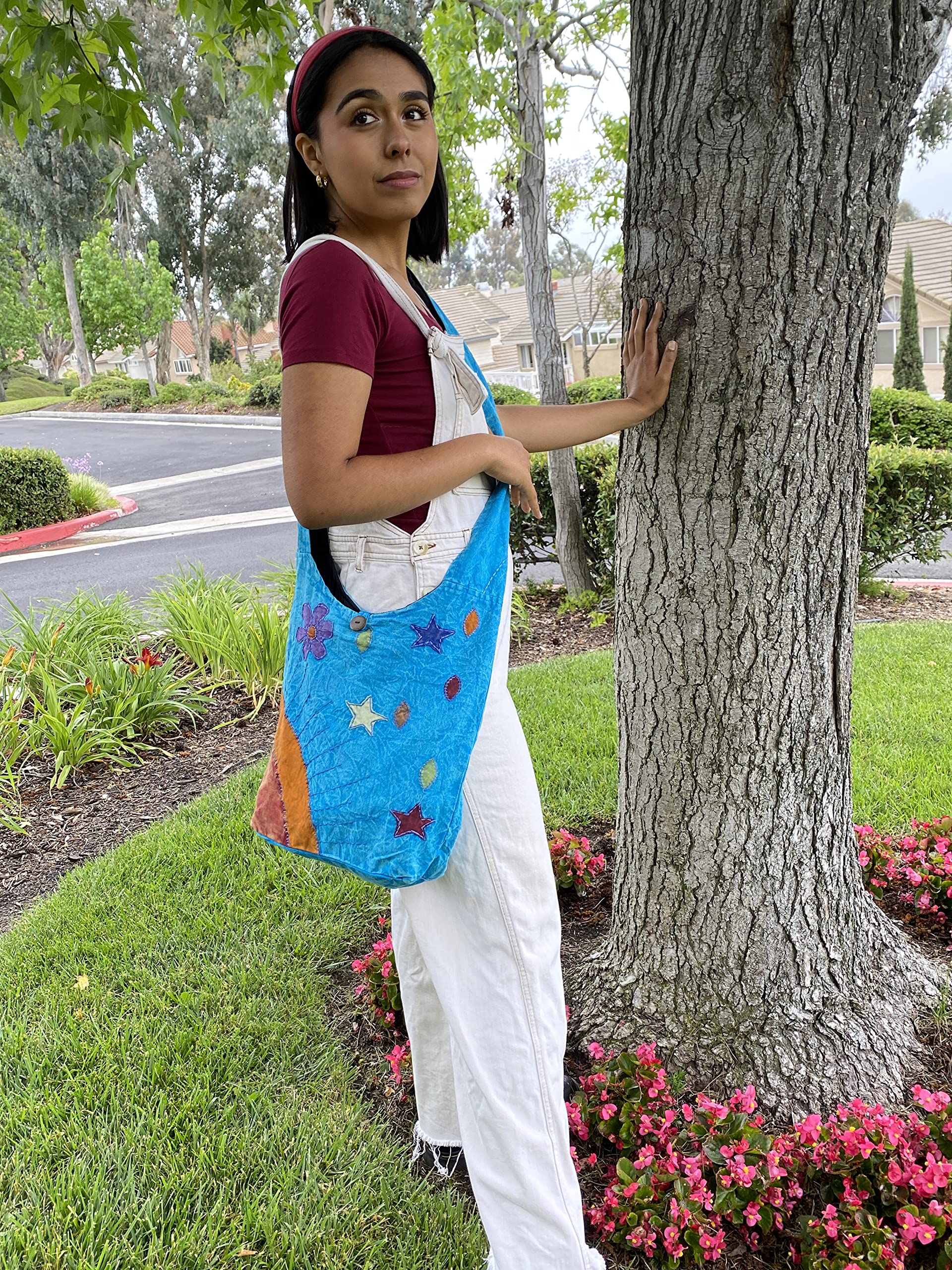 Elements of Nature Bohemian Hand-Stitched Hippie Hippy Shoulder Crossbody Monk Handbag in Blue Large