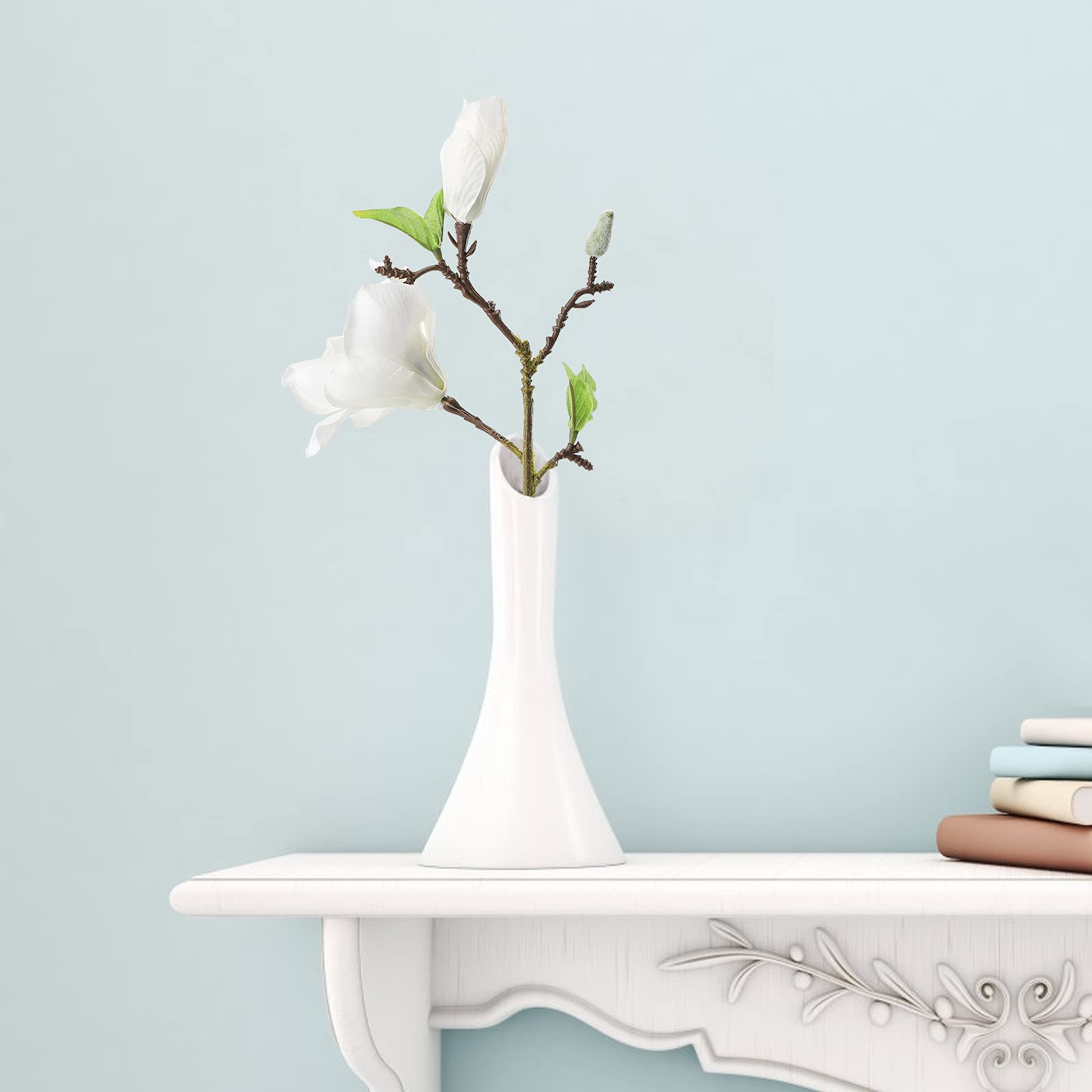 6 Stems Artificial 2 Head Magnolia Flowers, Realistic Silk Flower Bouquet for Floral Arrangements Home Table Decor Photo Props,White