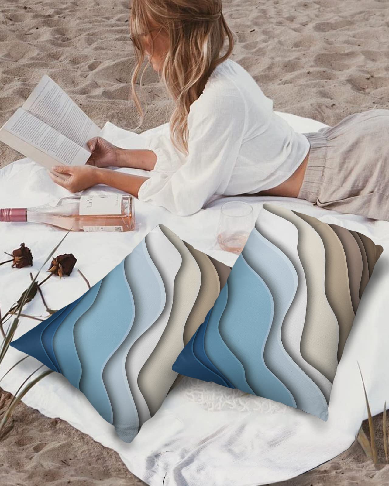 MUSWEDSEP Blue Stripe Outdoor Pillow Covers Pack of 2,Ocean Beach Modern Geometric Waterproof Throw Pillow Cover,Brown Gradient Water Ripple Decorative Cushion Case for Patio Garden Couch Sofa