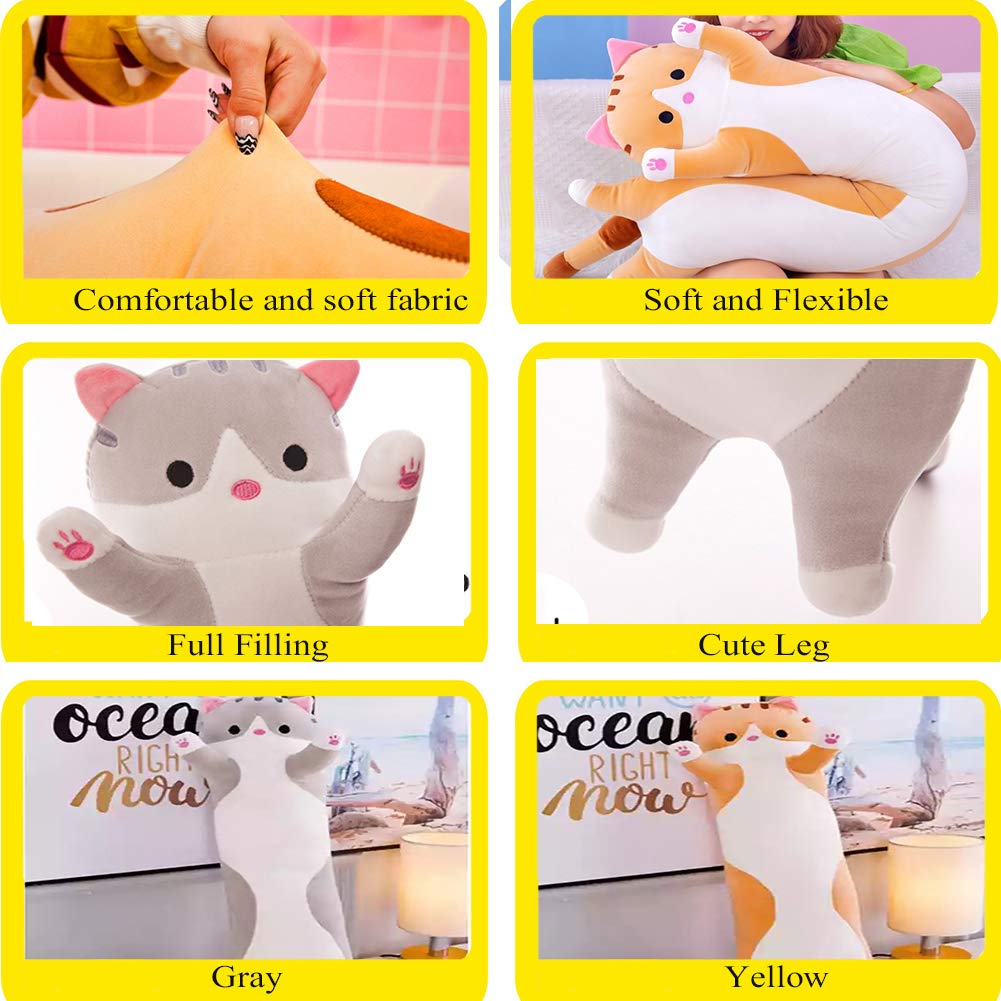 SNOWOLF Cute Cat Plush Long Body Pillow Cat Stuffed Animals Plushie Toy Soft Throw Sleeping Cotton Kitten Pillow Gift for Kids Girls (Gray, 19.7")