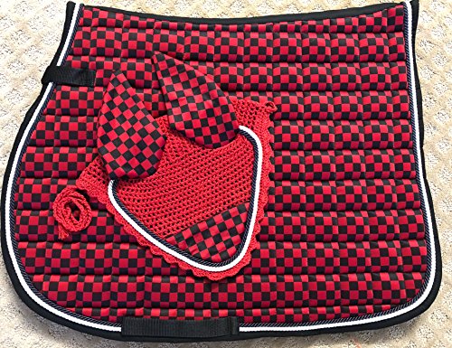 Lift Sports New Horse English Saddle Pad Set Matching Fly Bonnet Veil Ear Net Polyester Hand Made Crochet Full Size Equestrian Shows Tack
