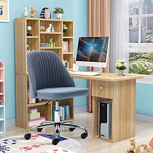 Home Office Desk Chair, Modern Linen Fabric Chair Adjustable Swivel Task Chair Mid-Back Cute Upholstered Armless Computer Chair with Wheels for Bedroom Studying Room Vanity Room (Blue)