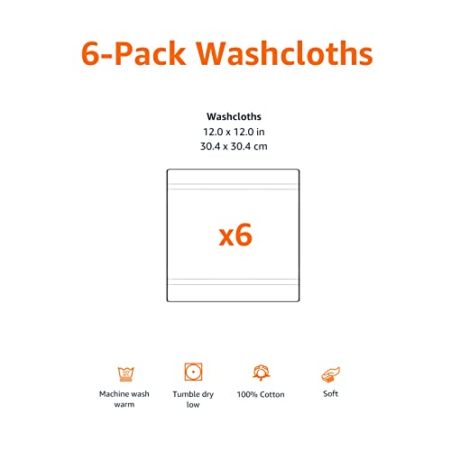 Amazon Basics Egyptian Cotton Washcloths, Pack of 6, Pristine Snow, 12" L x 12" W