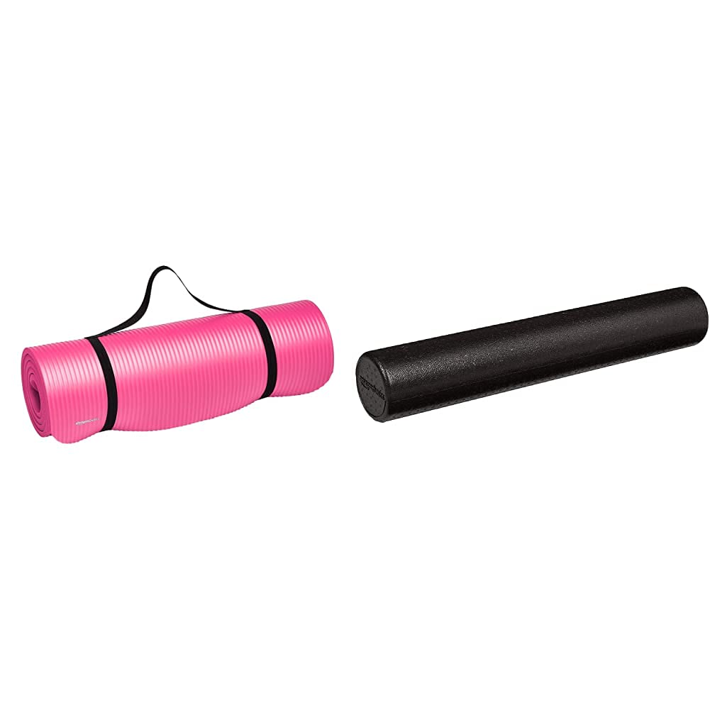 Amazon Basics Extra Thick Exercise Yoga Gym Floor Mat with Carrying Strap - 74 x 24 x .5 Inches, Pink & High-Density Round Foam Roller, 36 Inches, Black