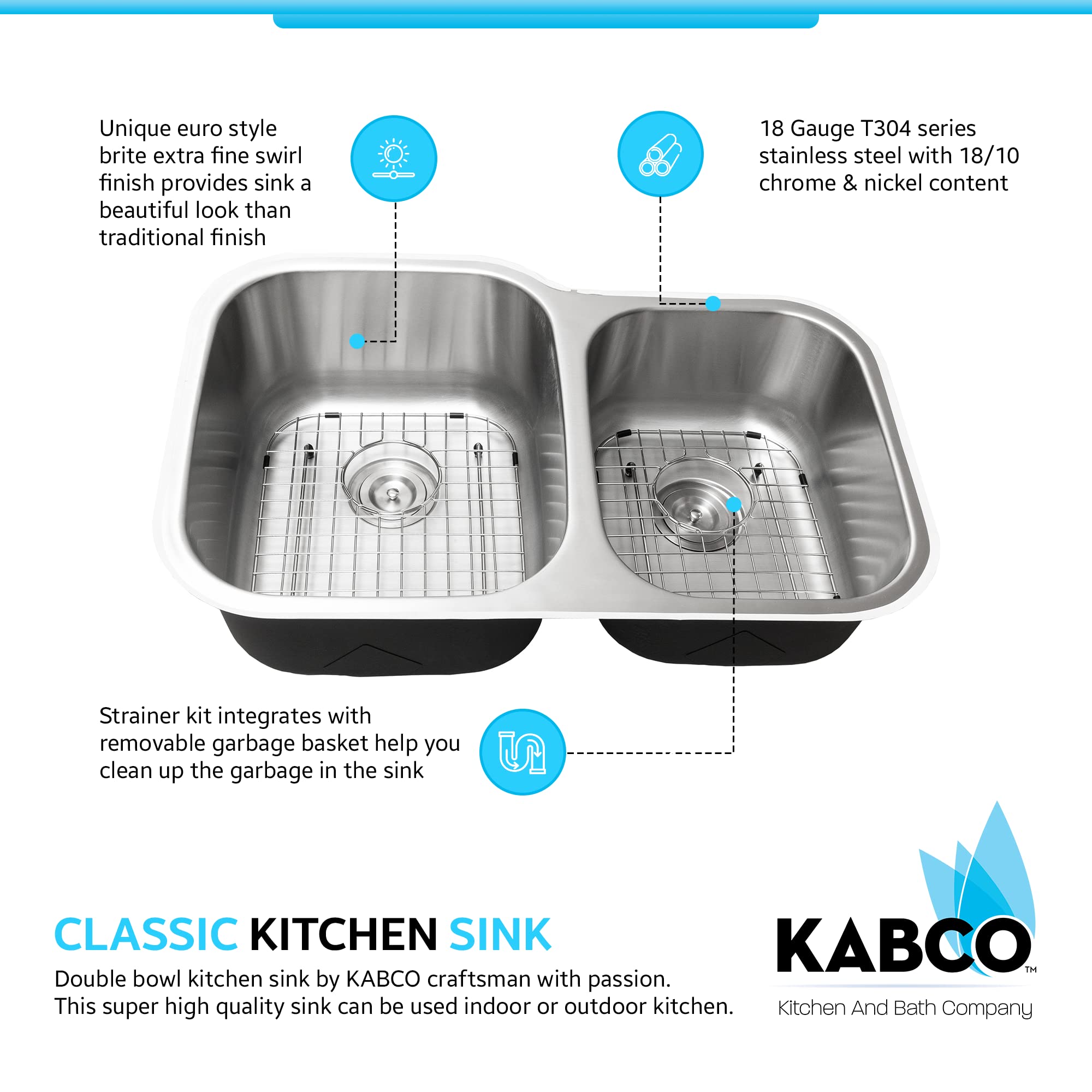 KABCO 32 Inch Big Double Unequal Bowl Stainless Steel Classic Kitchen Sink, Rust Resistant, Sound and Heat Proof 18 Gauge Undermount Sink with Sink Strainers, Sink Grids and rolling up grid