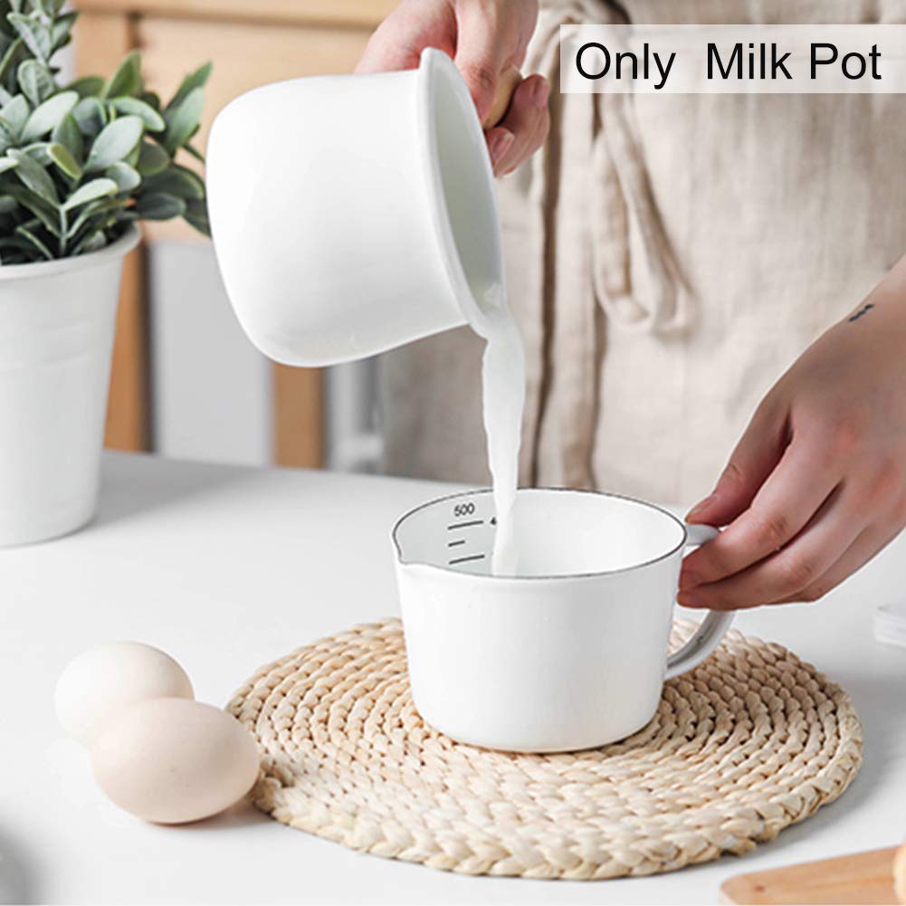 Enamel Milk Pan, Mini Butter Warmer with Pour Spout, 550ml Enamelware Saucepan Milk Warmer with Wooden Handle Small Cookware for Heating Milk, Melting Butter, Boiling Water(White)