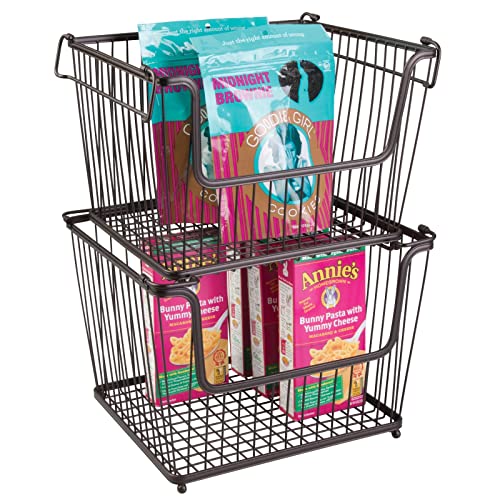 mDesign Stackable Metal Basket for Kitchen Storage - Large Wire Farmhouse Bin Basket w/Handles for Pantry - Stacking Wire Basket Organizer for Food, Drinks - Hyde Collection, 3 Pack, Bronze