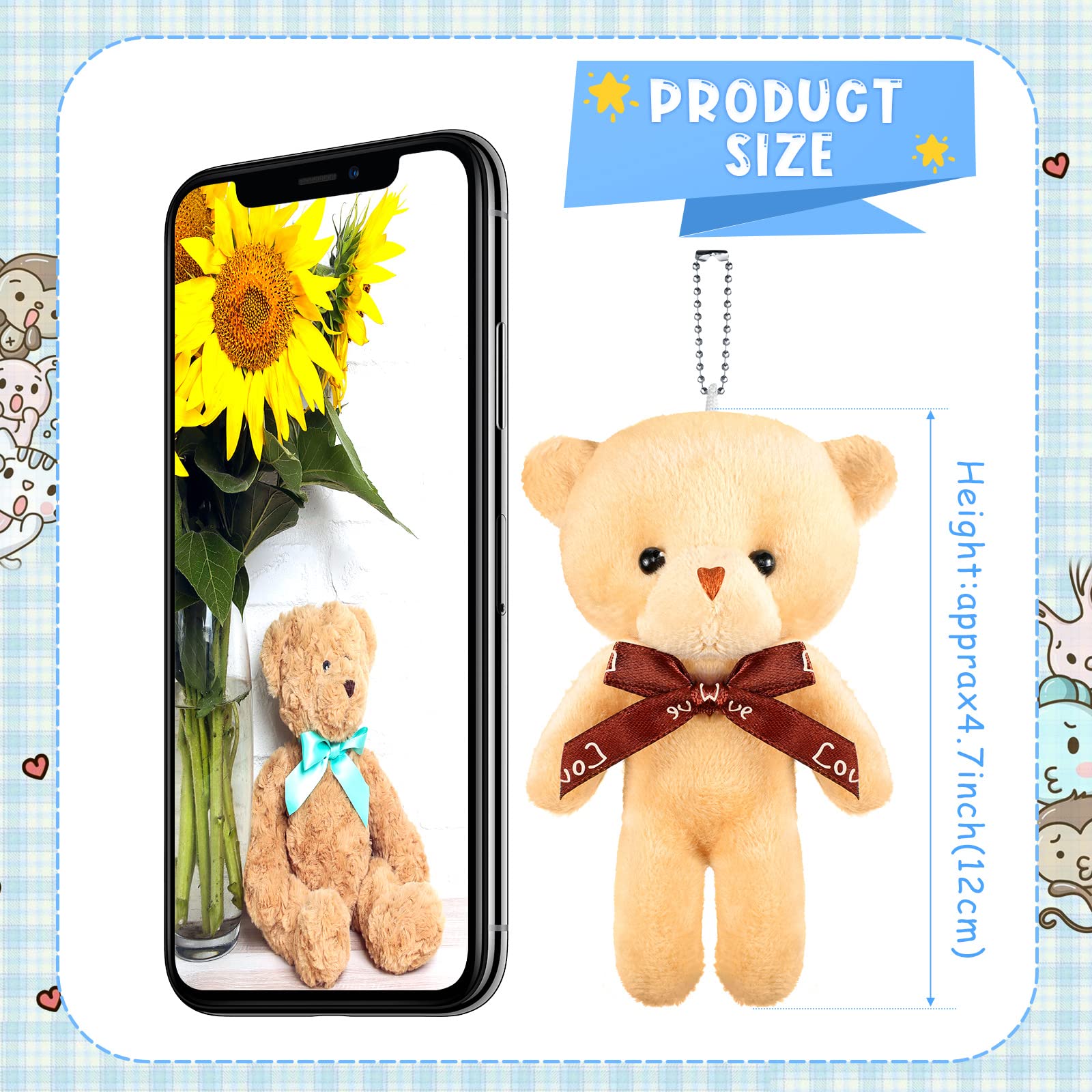 Chivao 12 Pieces Joint Mini Bears Toy Plush Bear Baby Shower Decorations Stuffed Animals Soft Tiny Bears Doll Small for Birthday Cake Wedding Ornaments Keychain DIY Accessory (Boy Bow Style)