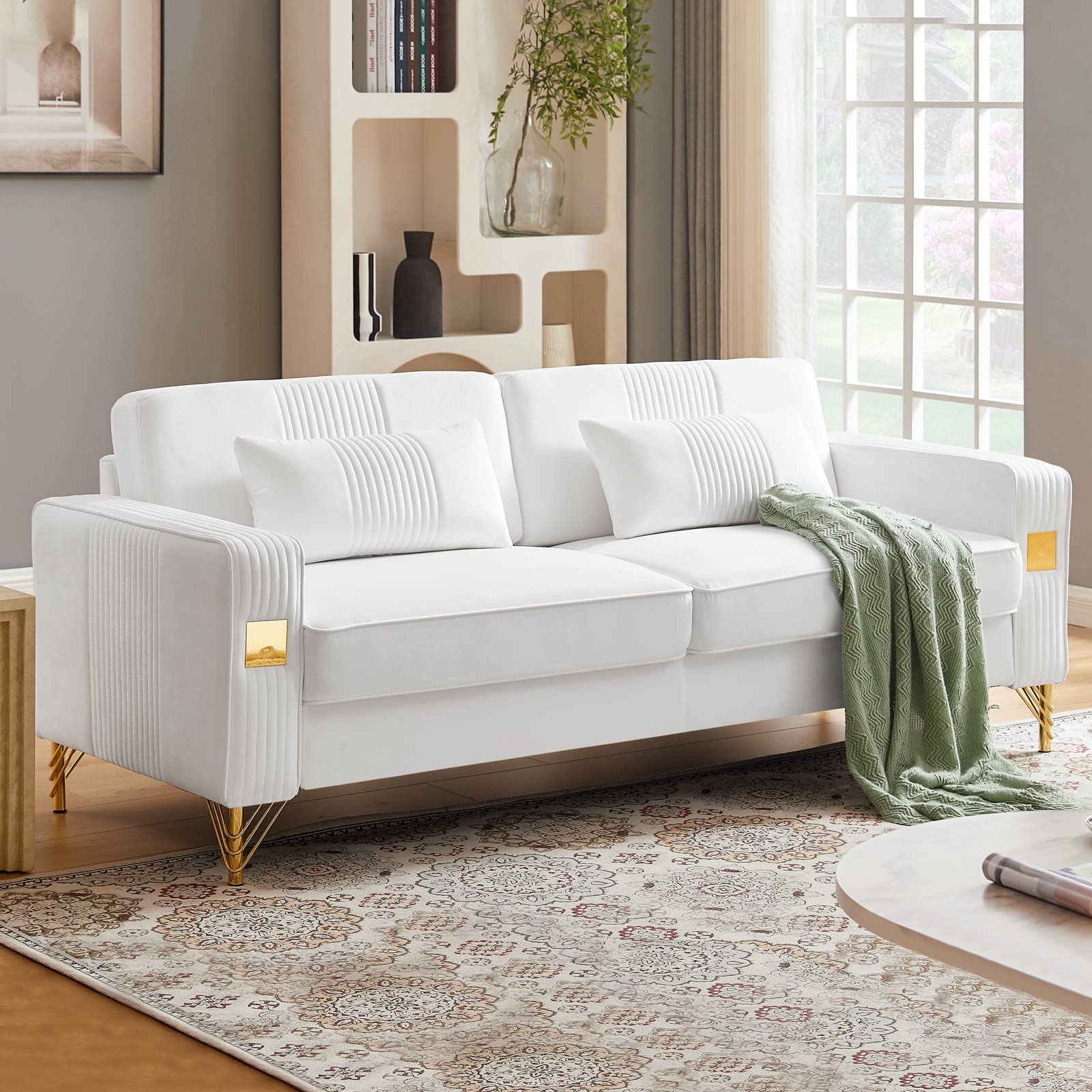 Betoko Velvet Upholstered Sofas Couches for Living Room Modern Contemporary Channel Tufted Beige 3 Seater Sofa Couch with Golden Metal Legs for Bedroom Office and Small Spaces (White)