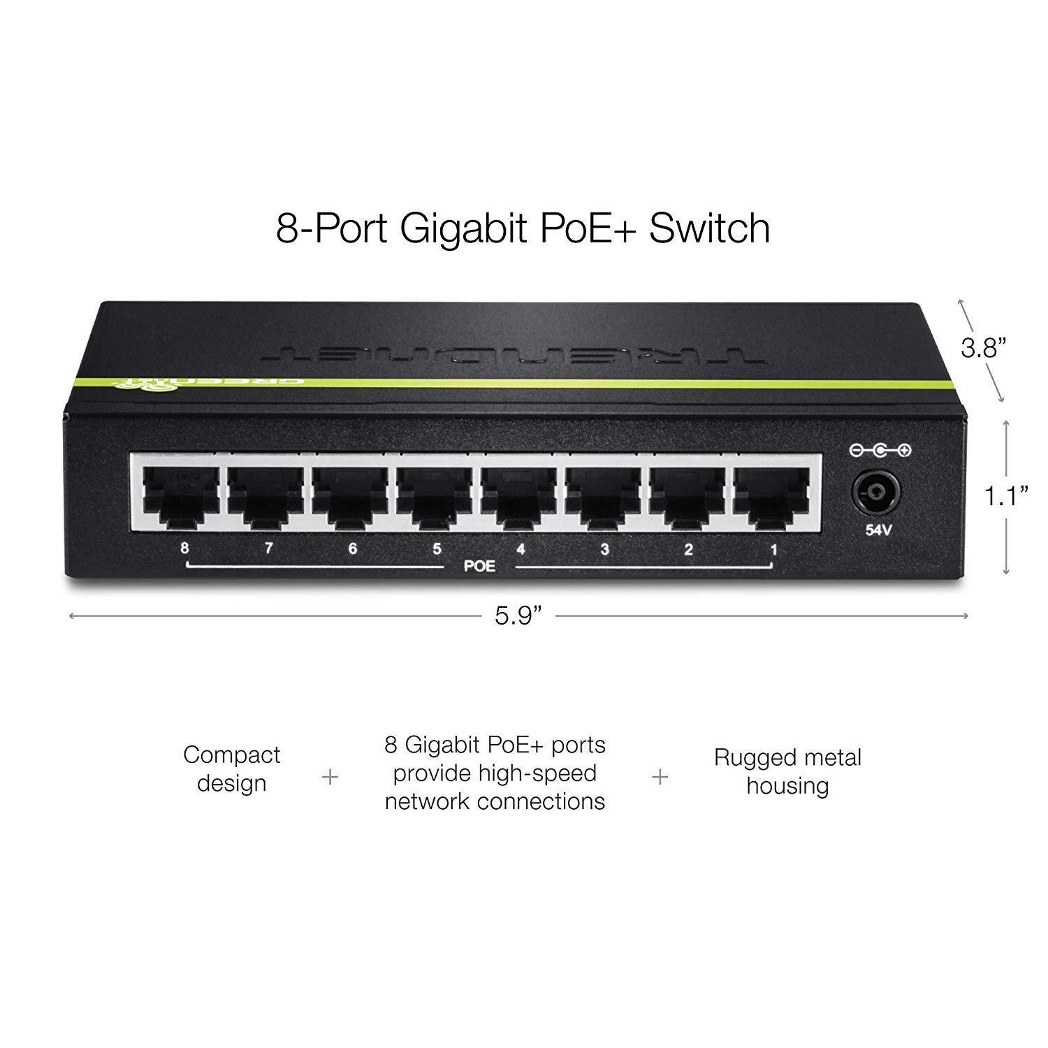 TRENDnet 8-Port Gigabit PoE+ Switch, 123 W PoE Power Budget, 16 Gbps Switching Capacity, Metal housing, TPE-TG80G, V3.0R (Renewed)