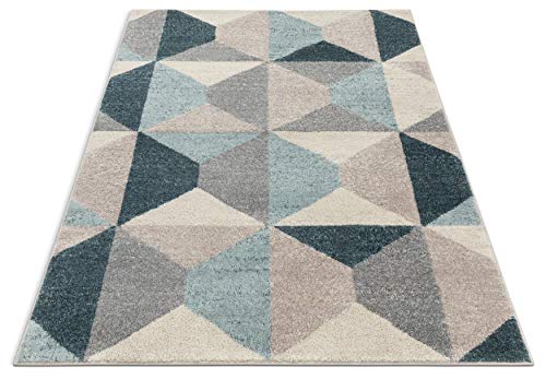 Yara Scandanavian Abstract Geometric Blue, Ivory, Grey Yellow Area Rug 5x7 (5'3" x 7'3")