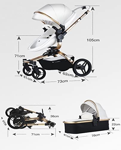 Baby Stroller Baby Carriage PU Leather Pushchair Pram, High Landscape Infant Stroller & Reversible Bassinet Pram, Foldable Newborn Stroller with Adjustable Canopy, Cup Holder, Storage Basket (A-White)