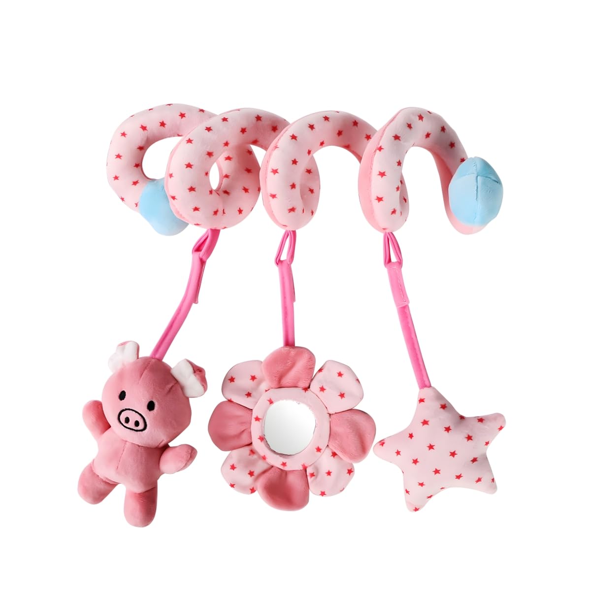 Ymeibe Baby Car Seat Toys, Infant Activity Spiral Plush Toys Hanging Stroller Toys for Baby Girl and Boy with Musical Sheep Rattles with Distorting Mirror (Pink Pig)