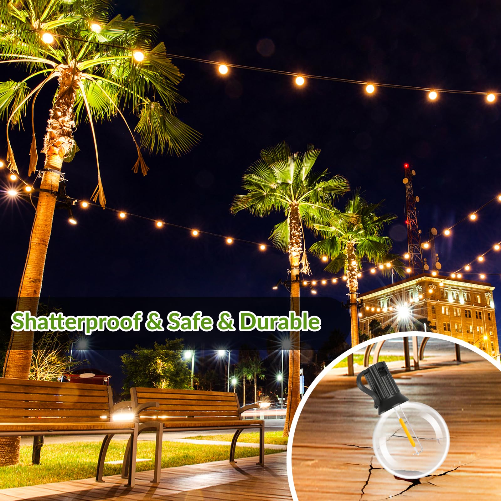 Dimmable 50FT G40 Globe String Lights for Patio, LED Hanging Lights Waterproof with 25 1W Bulbs, Shatterproof Outdoor Lights String for Porch, Edison Bulb String Lights, E12, 2200K Warm White, Black