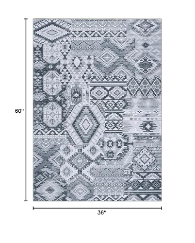 CAREMEE Machine Washable Area Rug 3x5 Tribal Entryway Mat Vintage Distressed Rug Indoor Low Pile Thin Rug Cozy Non Slip Foldable Area Rug for Living Room Bedroom Dining Room Grey