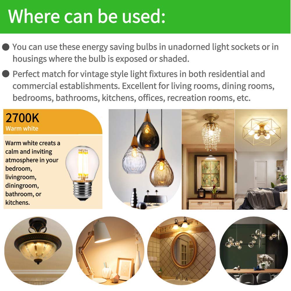 6-Pack G16.5 E26 LED Small Globe Bulbs 40Watt Equivalent, 2700K Warm White, 400Lumens, 4W G45 Vintage Chandelier Light Bulbs, Non-Dimmable, LED Filament Clear Glass Candle Lamp for Home&Office Decor