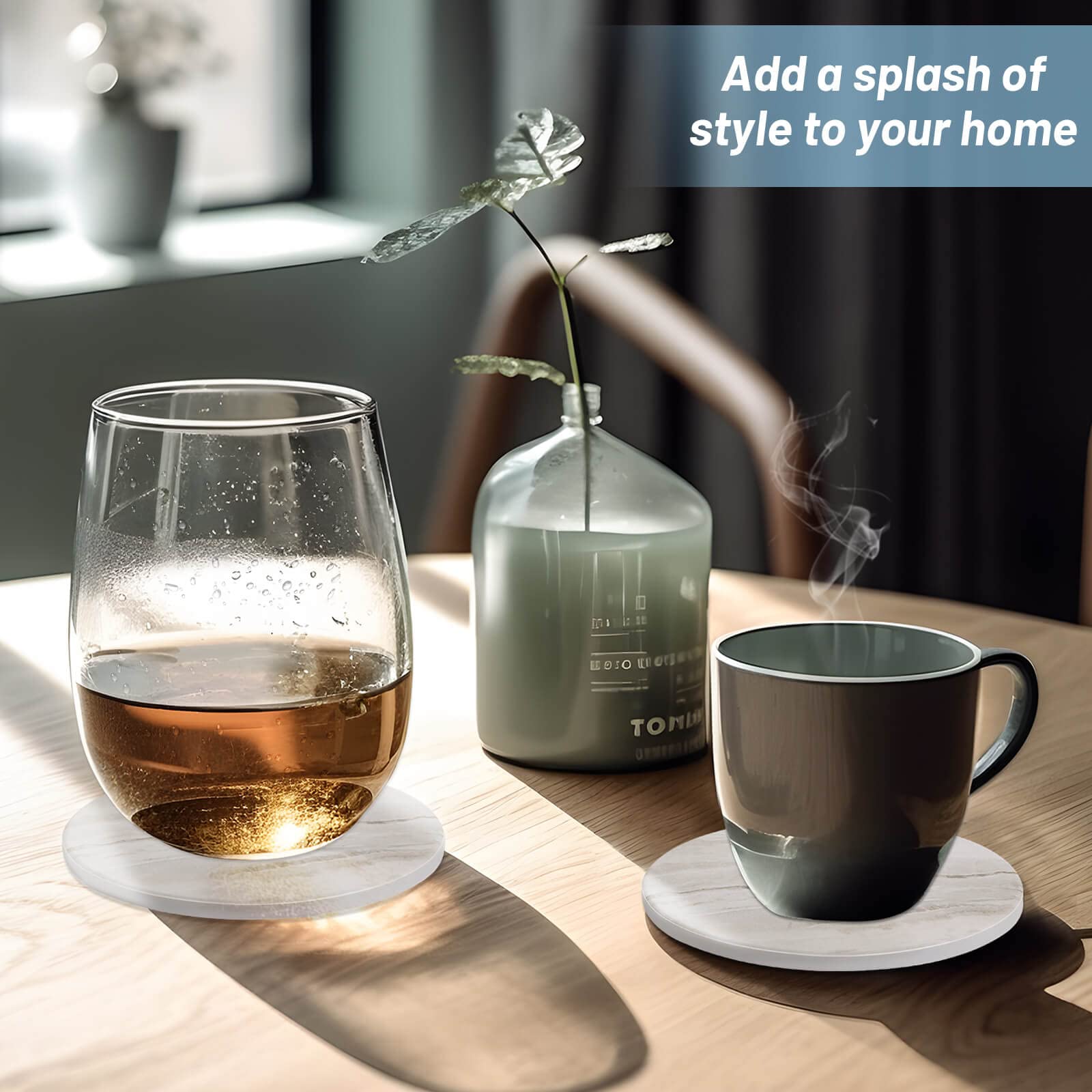 Acejoz Drink Coasters with Holder for Coffee Table, Absorbent Coaster Sets of 6, Marble Style Ceramic Coaster for Wooden Table, Suitable for Kinds of Cups, Home Decor, 4 Inches