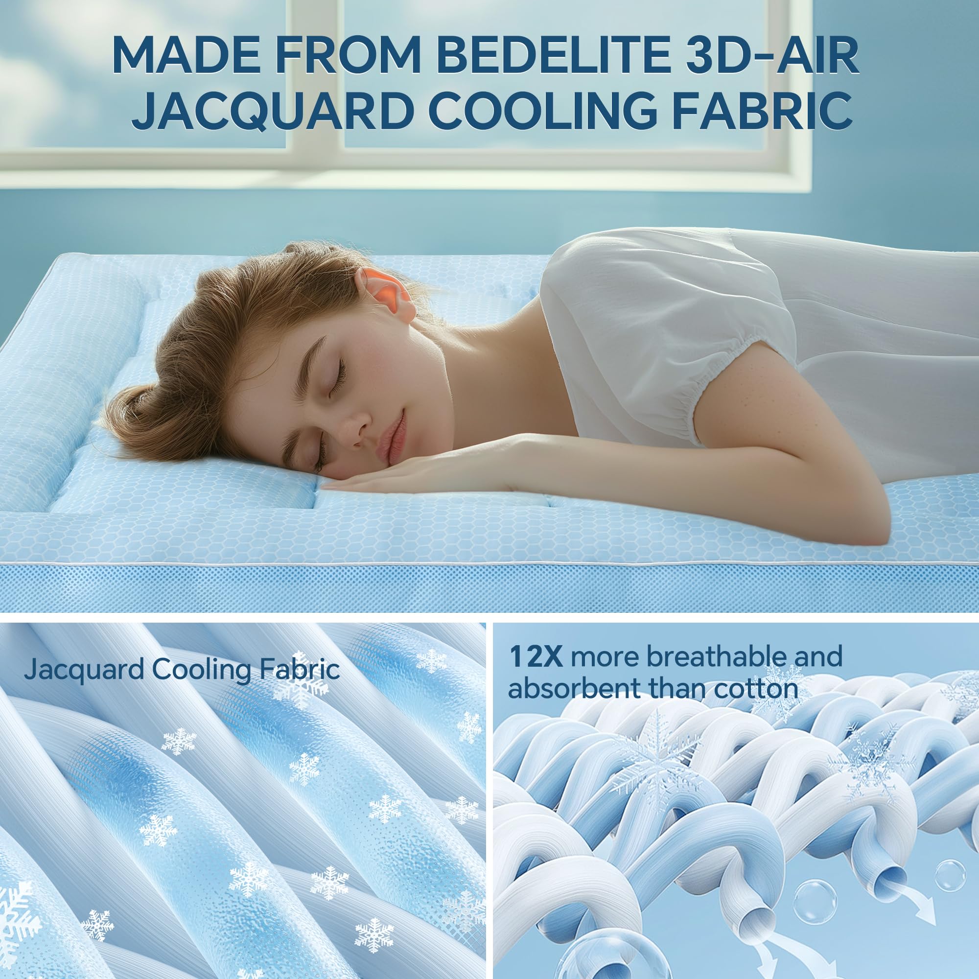 BEDELITE Pillow Top Mattress Topper for Back Pain Relief(1200GSM Down Alternative), Cooling Mattress Topper Queen Size for Hot Sleepers, Extra Thick Quilted Mattress Pad Cover with 8"-21" Deep Pocket