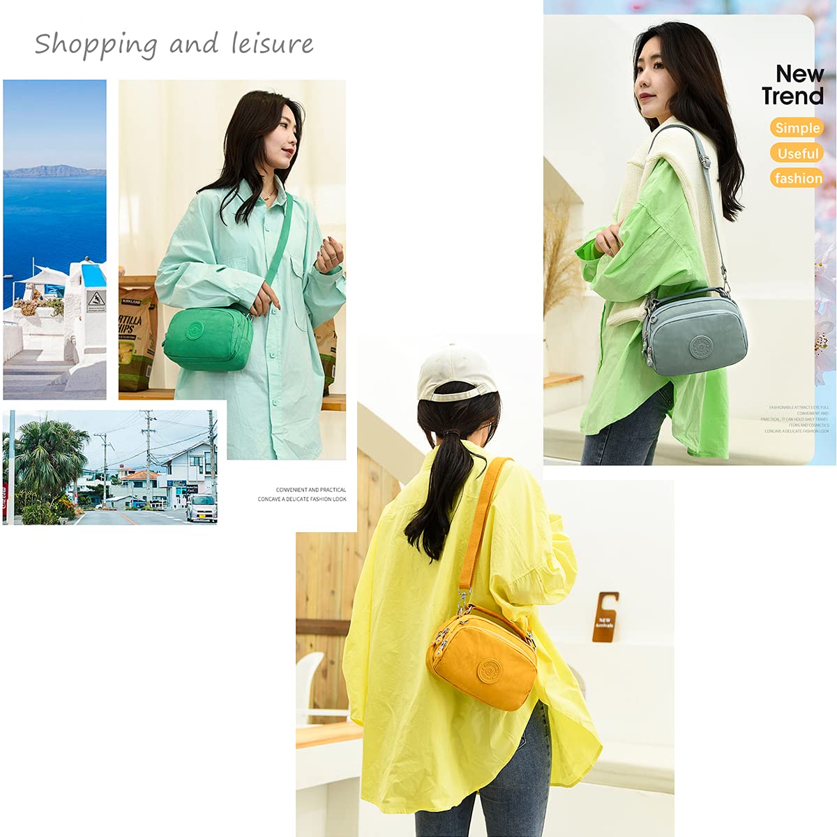 OPXTO-BoBo Lightweight Small Solid Color Crossbody shoulder bag, Nylon Multi-Pocket Cell Phone Purses Wallet for Women (Cute green)