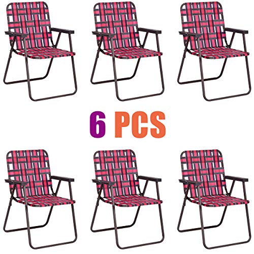 Giantex Beach Chairs Set of 6, Patio Folding Lawn Chairs for Adults, Outdoor Webbing Chair w/Steel Frame, Lightweight & Portable Camping Chairs for Fishing, Yard, Garden, Poolside Webbed Chairs, Red