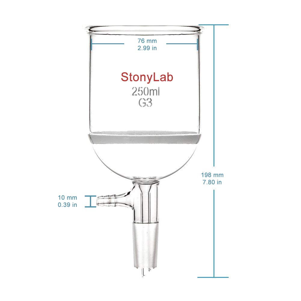 StonyLab Borosilicate Glass Buchner Filtering Funnel with Fine Frit(G3), 76mm Inner-Diameter, 80mm Depth, with 24/40 Standard Taper Inner Joint and Vacuum Serrated Tubulation (250ml)