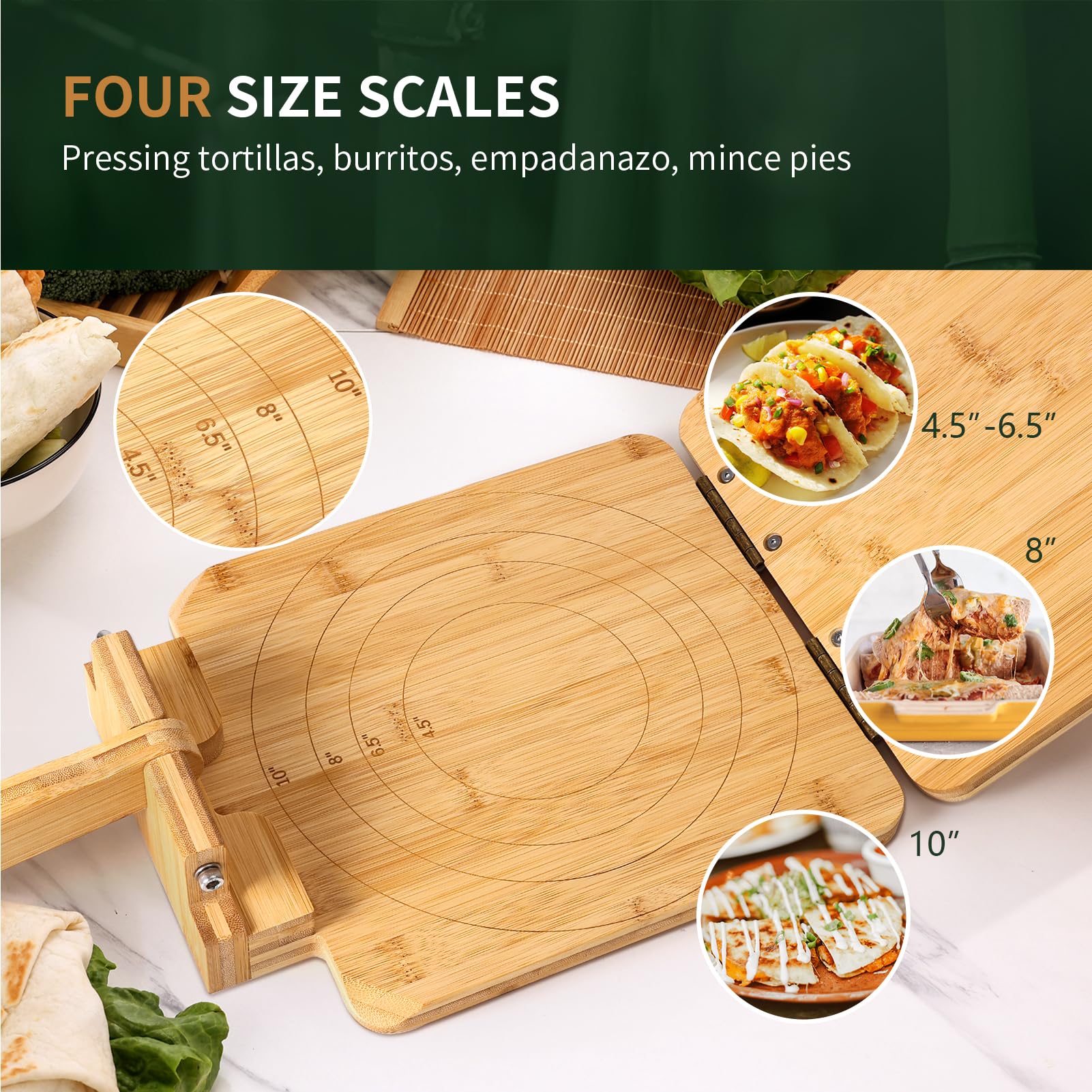 Ackitry Bamboo Tortilla Press 10 Inch, Square Tortilla Maker with 60 PCS Parchment Paper and Dough Scraper, Mexican Tortillera Presser for Homemade Tortillera, Pataconera, and Dough Press (4.5โ- 10")