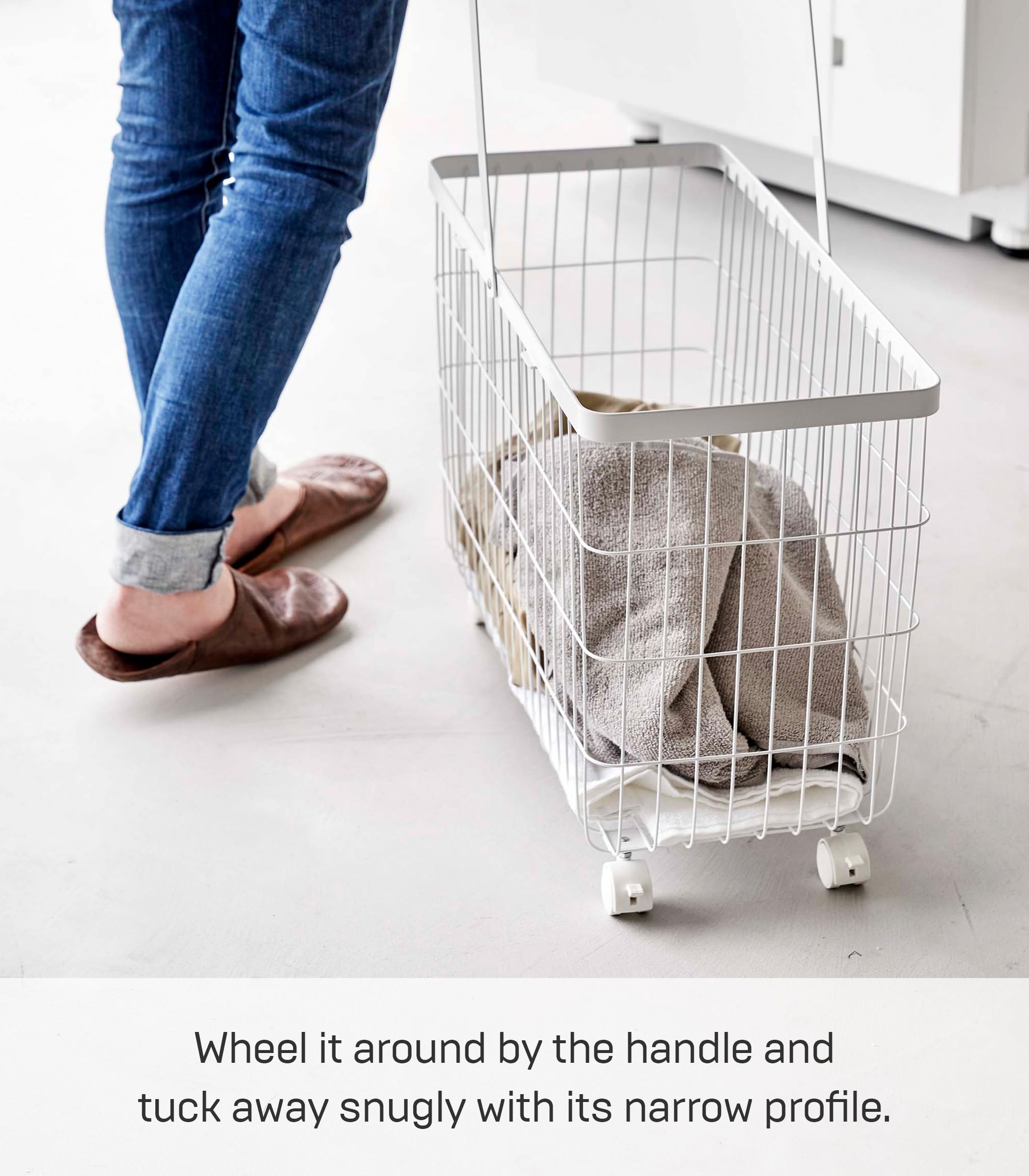 Yamazaki Home Tower Small Rolling Laundry Basket Metal Hamper Cart With Wheels And Handle, 14.8" - Steel - 9.8 Gallons, 35 Liters