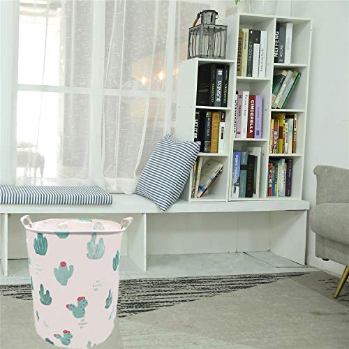 Large Storage Bins 19.7x15.7 Inch, ZUEXT Waterproof Foldable Cotton Canvas Fabric Storage Bin, Collapsible Round Clothes Laundry Hamper w/Leather Handles, Cactus Storage Basket, Toy Books Holder
