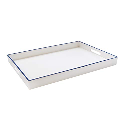 Rectangle Serving Tray- Indoor & Outdoor Platter for Home Entertaining, Cocktail Hour, Snacks, Decorative Display for Jewelry, Candles, Barware, & Perfume, White/Blue