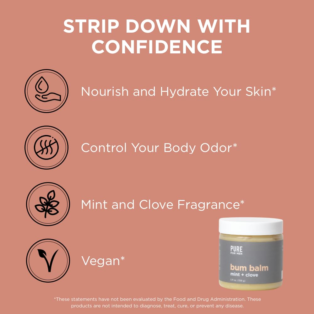 Pure for Men Bum Balm | Raw Lotion for Men | All Purpose Skin Hydration and Deodorizing Balm | Raw Shea Butter, Mint and Clove | 3.8 oz.