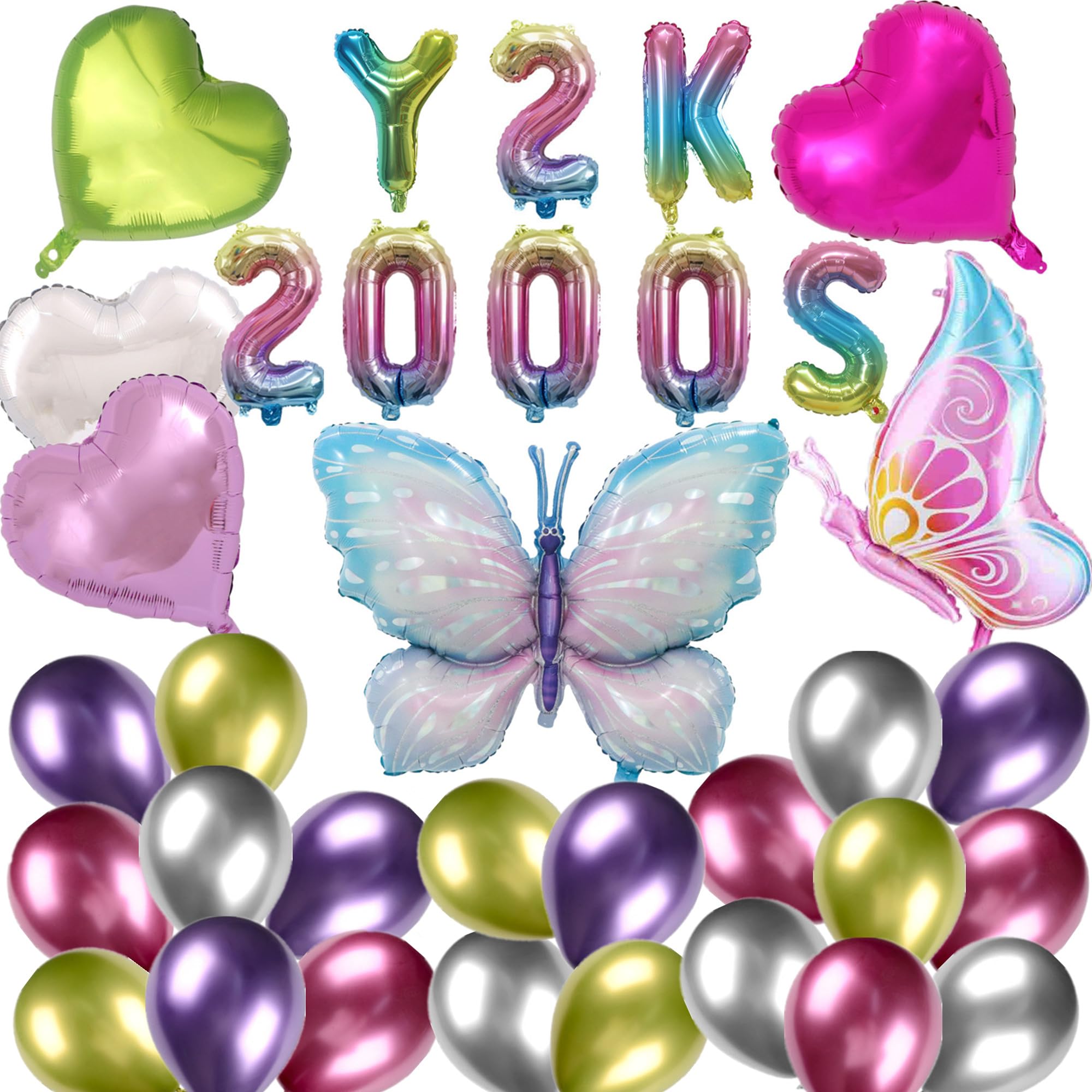 Y2k Party Balloons Decorations 2000s Party Supplies Y2k 2000s Banner Butterfly Radio Ice Skates Heart Foil Balloon Metallic Latex Balloons for Teen Girls Women Y2k Party Favor (Gradient color)