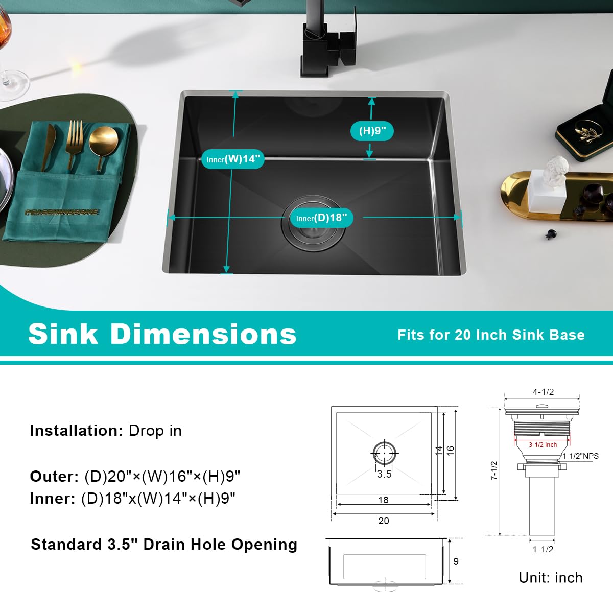 TSIBOMU 20 x 16 Inch Undermount Kitchen Sink, 304 Stainless Steel Single Bowl Small Kitchen Bar Sink Undermount, Brushed Nickel