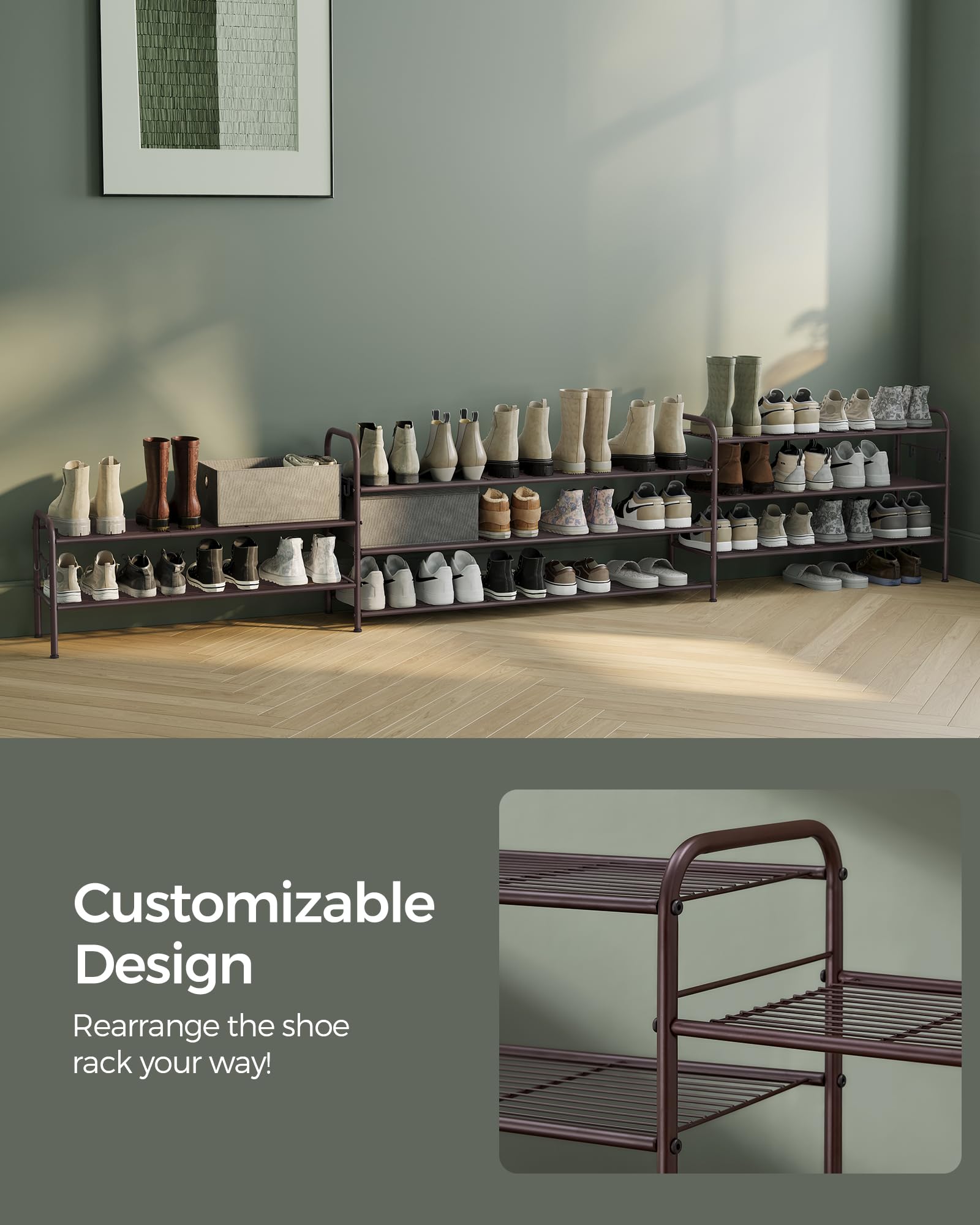 SONGMICS Shoe Rack, 2-Tier Shoe Organizer, Metal Shoe Shelf Storage with 4 Side Hooks, Holds 12 Pairs of Shoes, Height-Adjustable Shoe Rack for Entryway, Hallway, Closet, Easy Assembly, Chestnut Brown