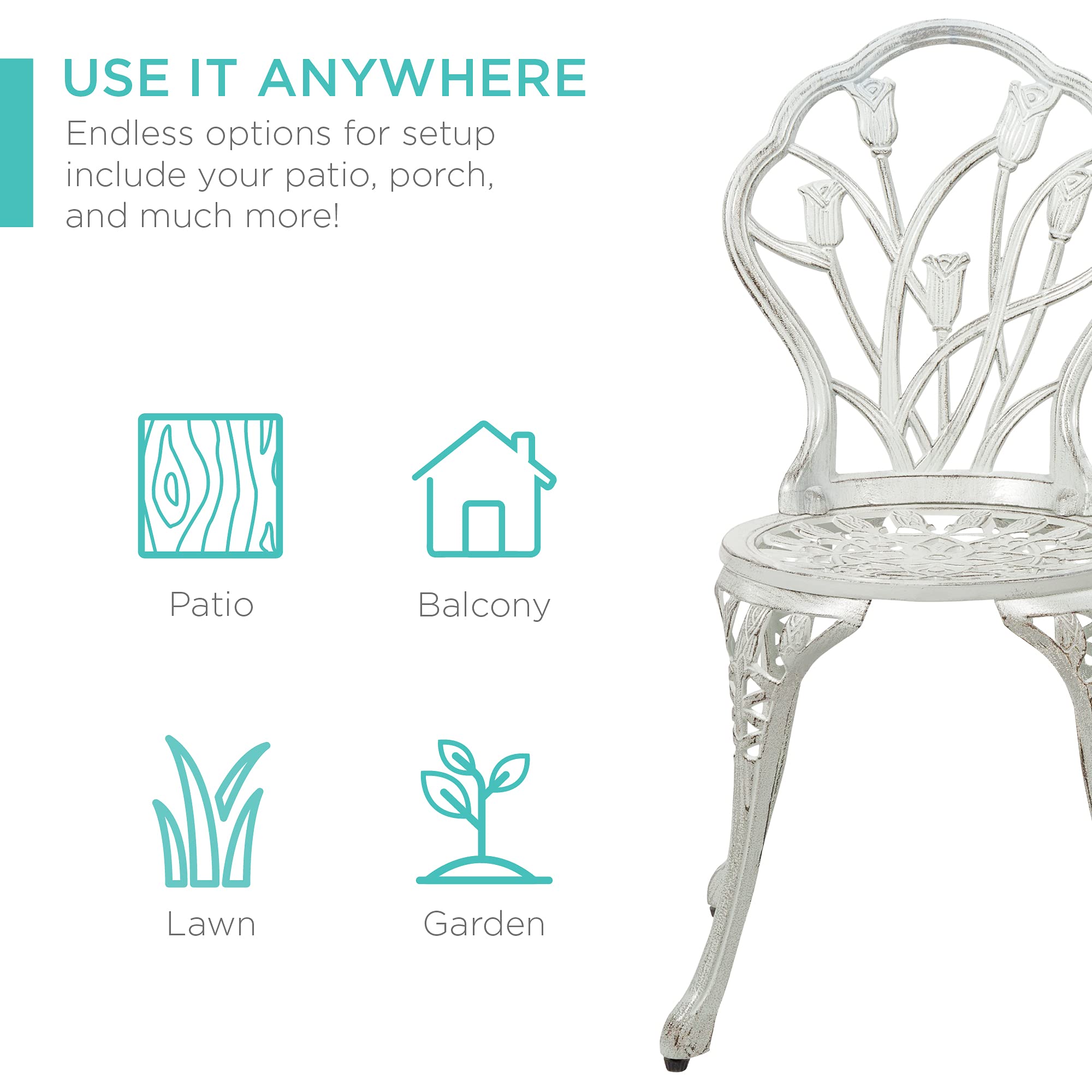 Best Choice Products 3-Piece Outdoor Rust-Resistant Cast Aluminum Patio Bistro Set w/Tulip Design, Antique Finish - White
