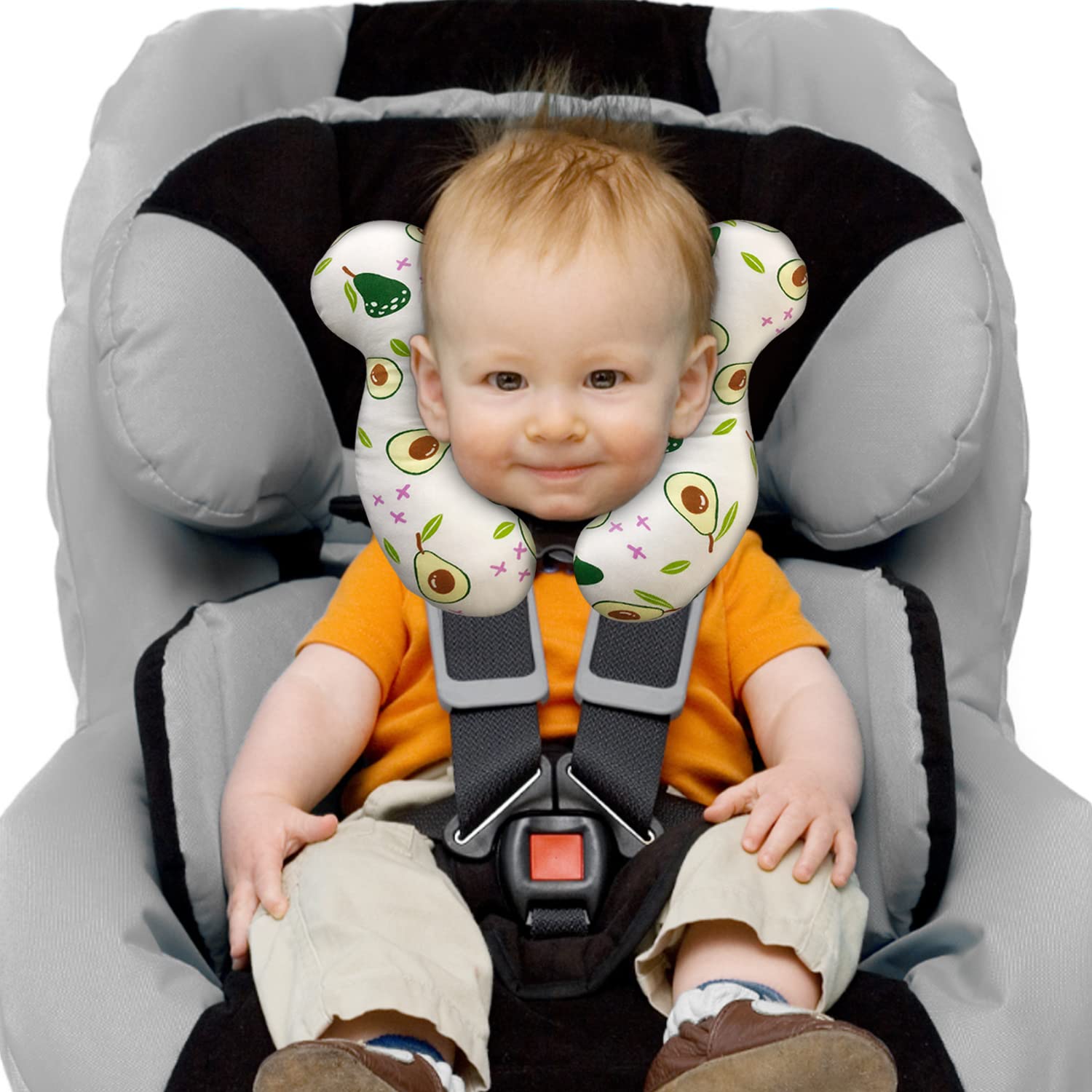 Baby Travel Pillow, Infant Head and Neck Support Cushion for Car Seat, Pushchair and Stroller, Suitable for Newborn (White Avocado)