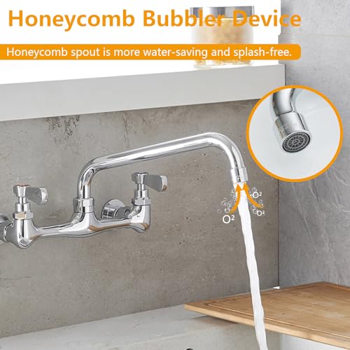 BATHLAVISH Wall Mount Kitchen Sink Faucet 8β Commercial Center Double Handle Bar Laundry Utility Swivel Spout Chrome Mixer Tap