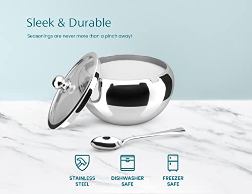 KooK Large Stainless Steel Sugar Bowl with Lid and Spoon, Serving Dish, Clear Glass Lid, Storage for Salt, Candy, Coffee, Holds 2 Cups, Dishwasher Safe, 16 oz (Stainless Steel)
