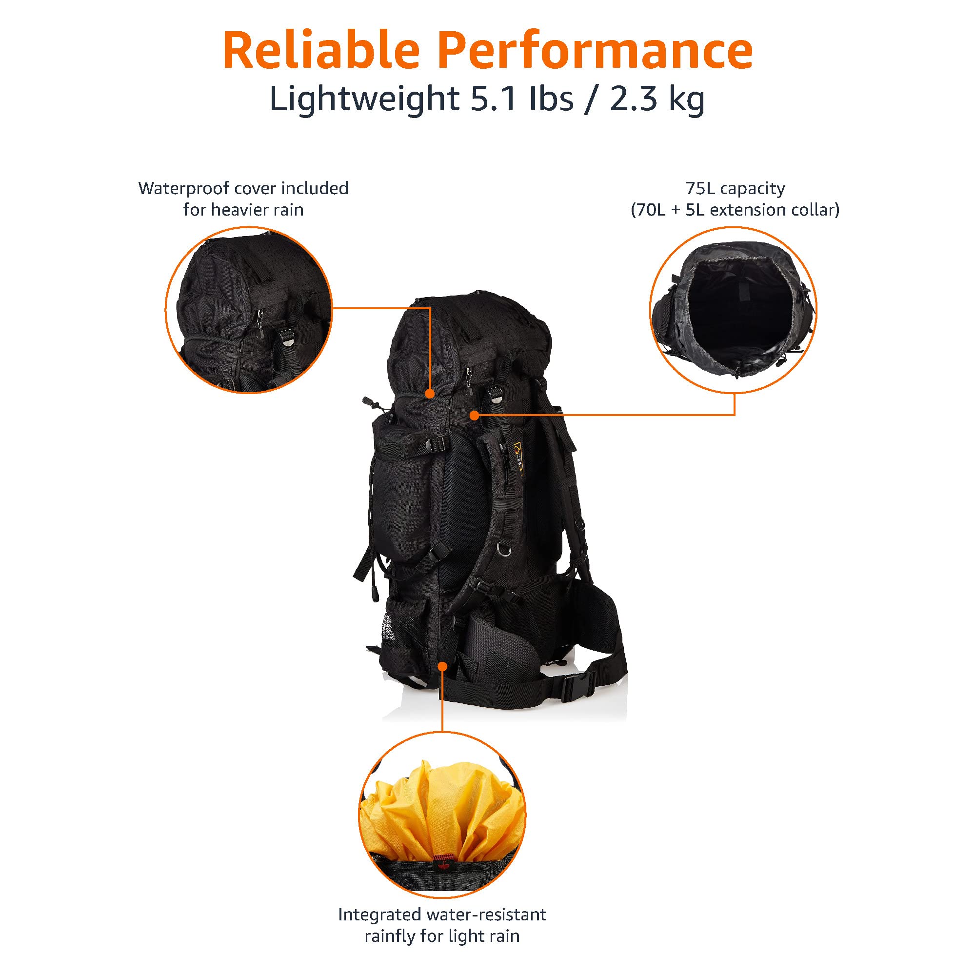 Amazon Basics Internal Frame Hiking Camping Rucksack Backpack with Rainfly - 15.5 x 7 x 32 Inches, 65 Liters, Green