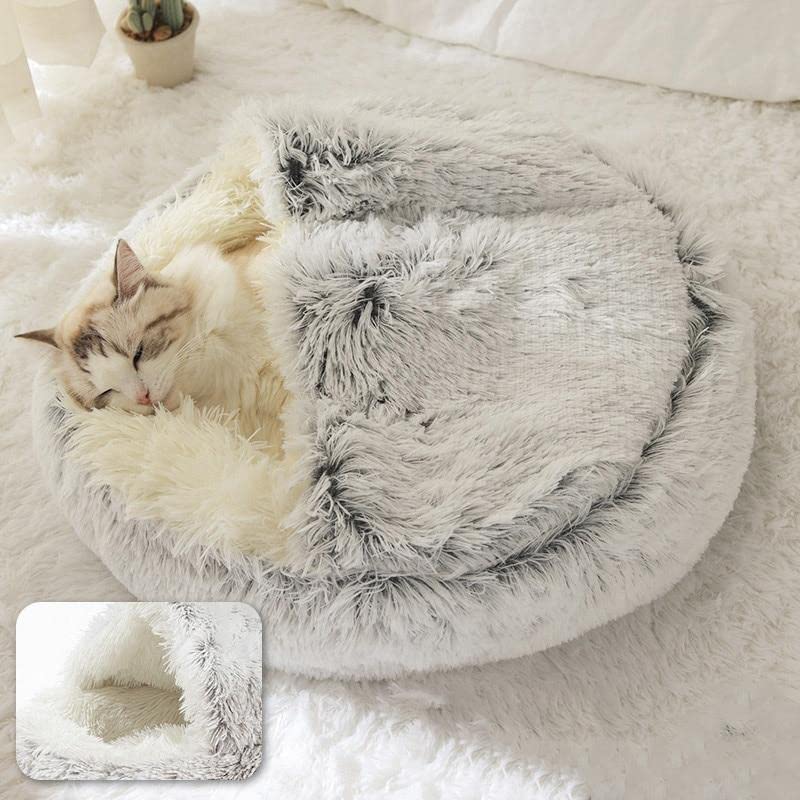 Geizire Small Dog Bed & Cat Bed, Round Donut Calming Cat Beds, Anti-Anxiety Cave Bed with Hooded Blanket for Warmth and Security - Machine Washable, Water/Dirt Resistant Base (Up 6 Pound)