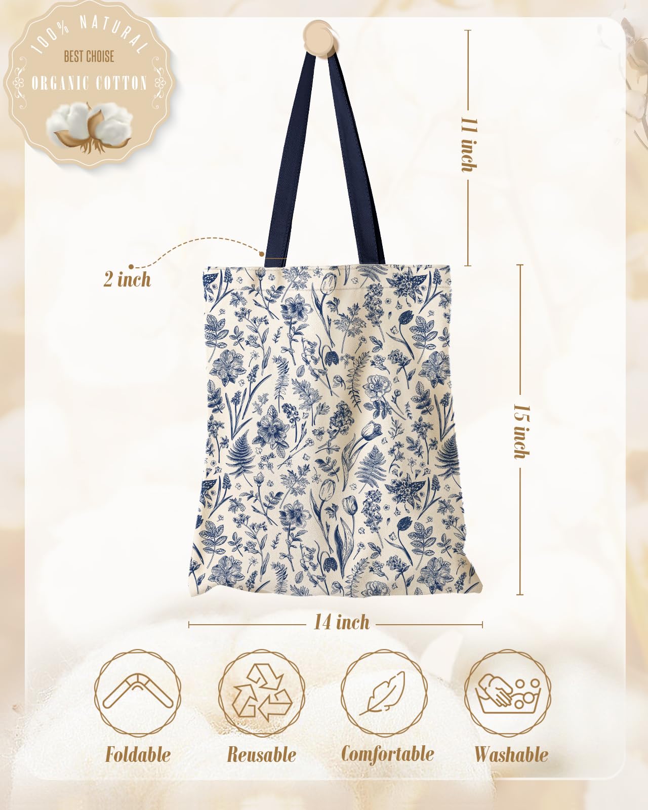 Miss Adola Aesthetic Canvas Tote Bag with Inner Pocket for Women, Cloth Cotton Totes Bag with Pattern for Shopping, Gym, Blue Line Flower