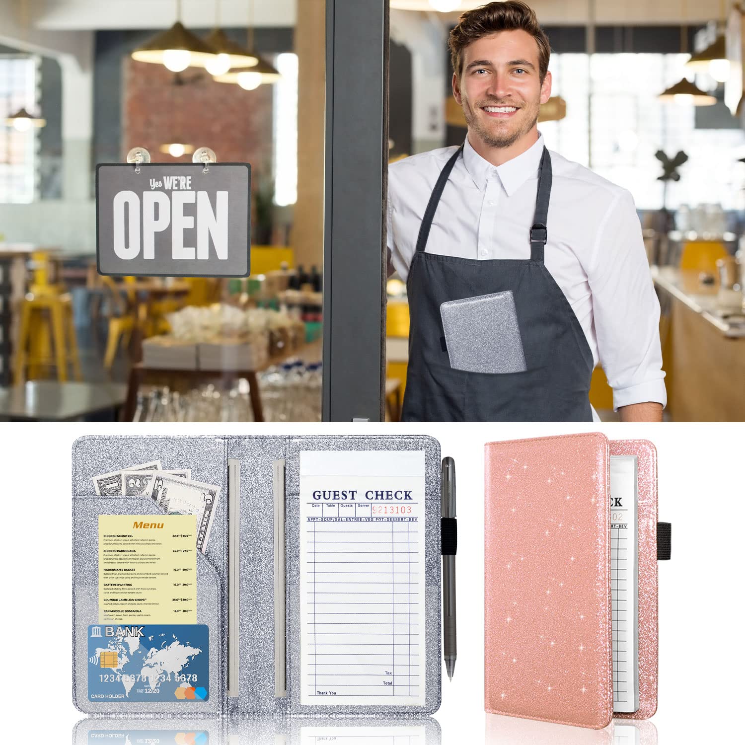 ACdream Server Books for Waitress, Guest Book Note Pad, Cute Pocket Leather Money Organizer Wallet, Cash Check Bill Receipt Holder Presenter, Waiter Accessories Fit Server Apron