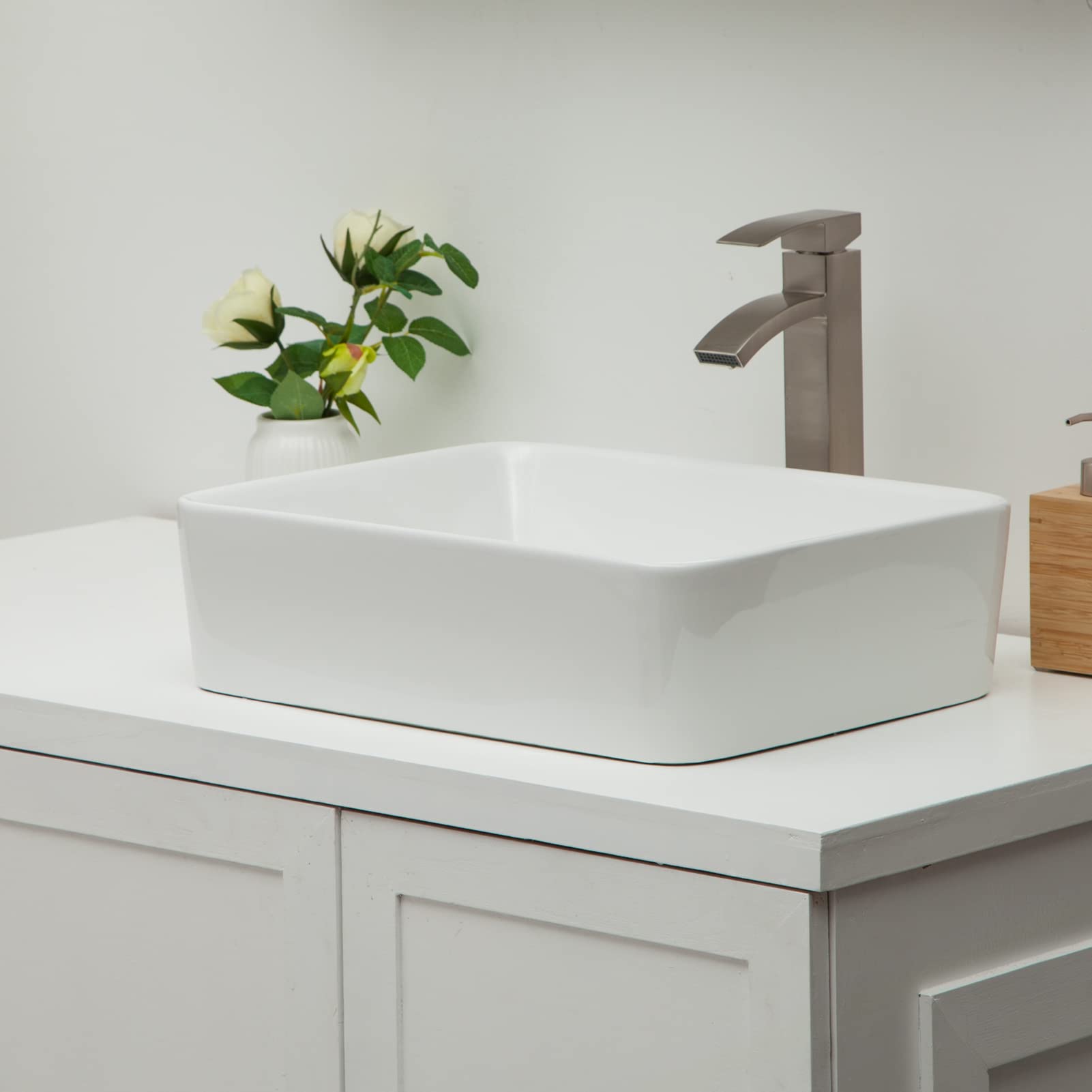 Bathroom Vessel Sink Countertop Rectangular - Kichae 19x15 Inch Modern White Bathroom Sinks Rectangle Above Counter White Porcelain Ceramic Vessel Vanity Sink Art Basin