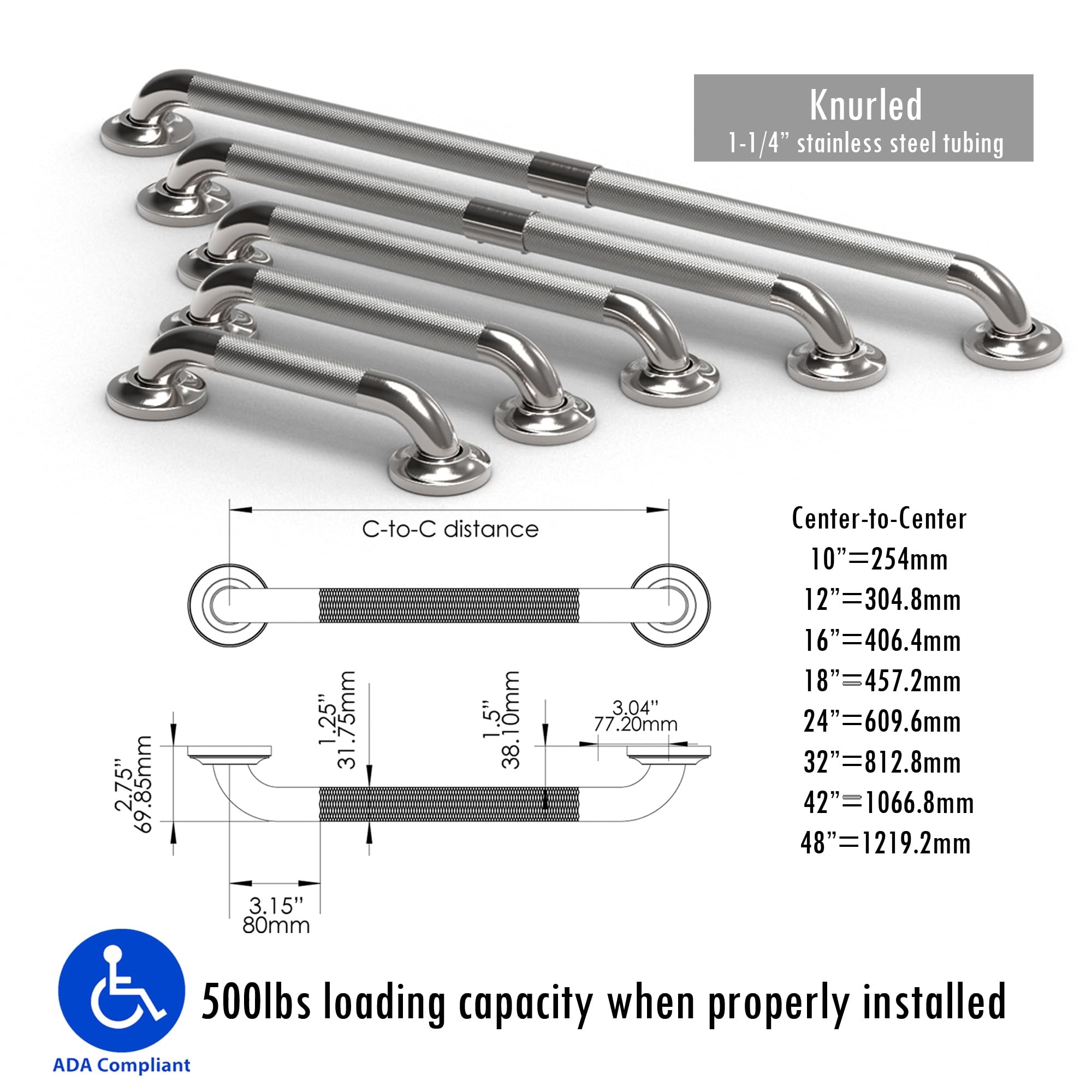 AmeriLuck Grab Bar with Knurled Anti-Skid Grip, ADA Compliant 500lbs Supporting, Stainless Steel Brushed Nickel (12in, 1PK)
