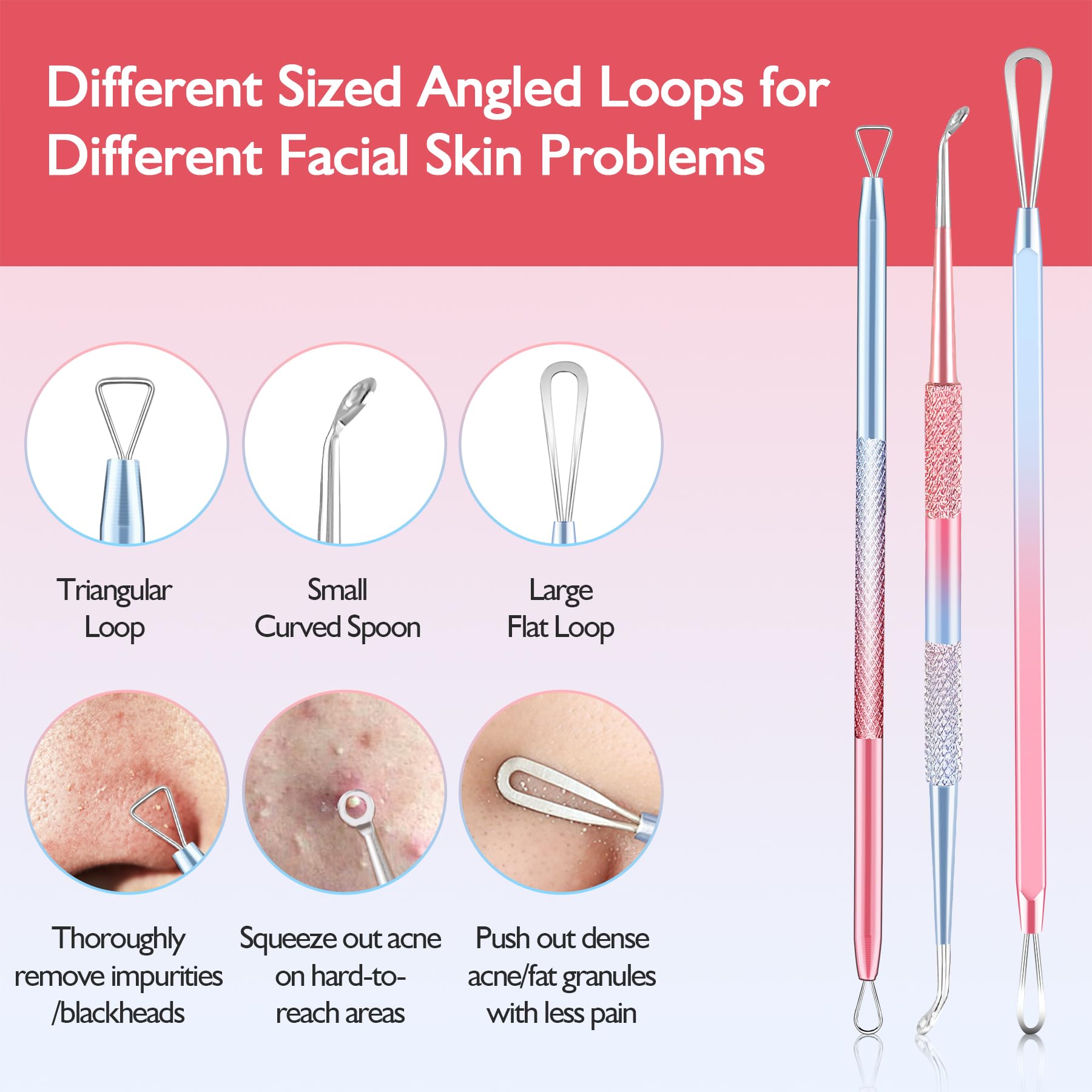 Kresecioo 9 PCS Blackhead Remover Tools, Pimple Popper Tool Kit, Acne Tools Extractor Kit Professional for Nose Face, Blemish Whitehead Zit Popping Tool with Portable Leather Bag(Pink)
