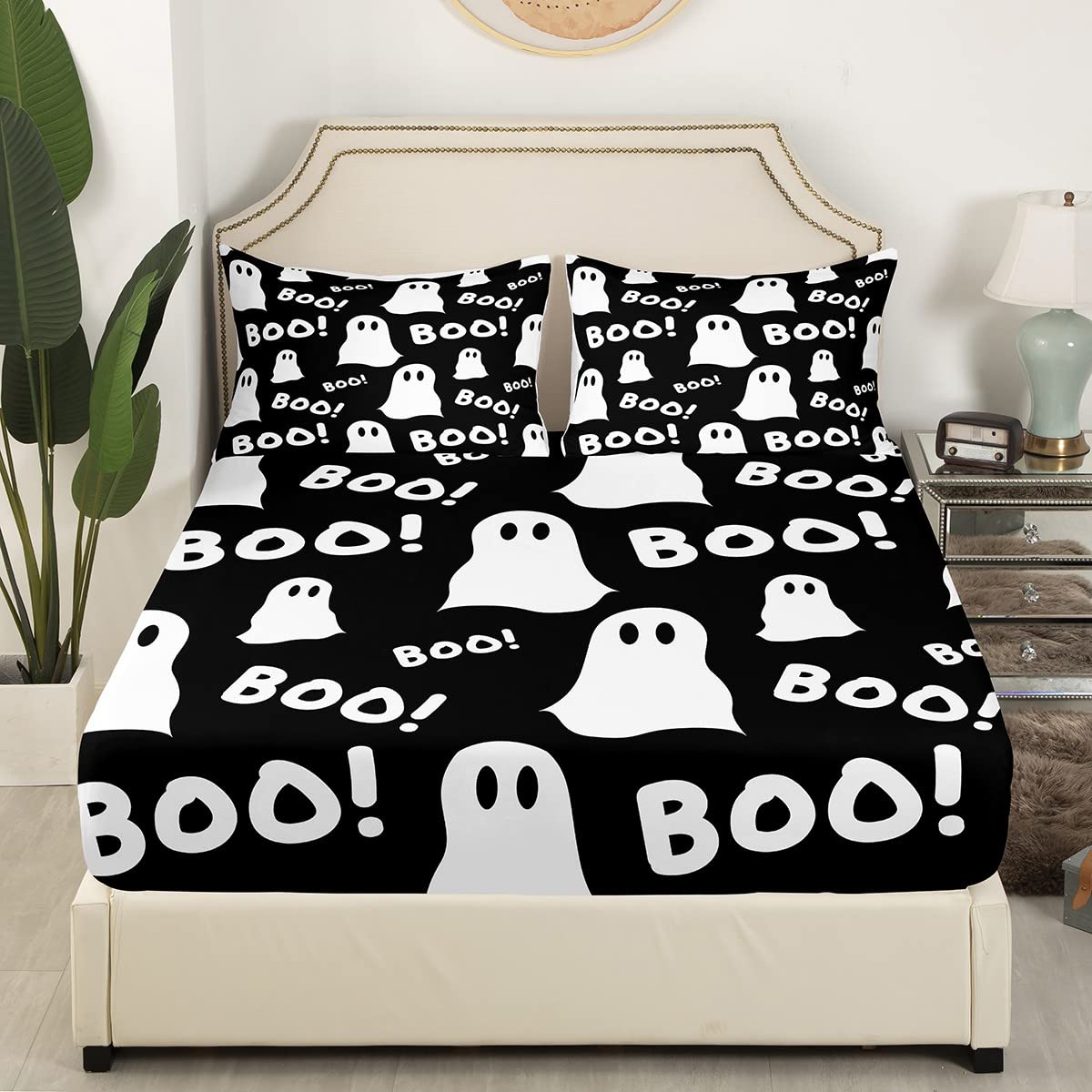 Castle Fairy Funny Ghost Fitted Sheet Queen Size Happy Halloween Theme Bedding Set Black White Sheet Set,Cartoon Ghost Bed Cover Ultra Soft Breathable Bedspread 3 Pcs for Kids Teens Boys