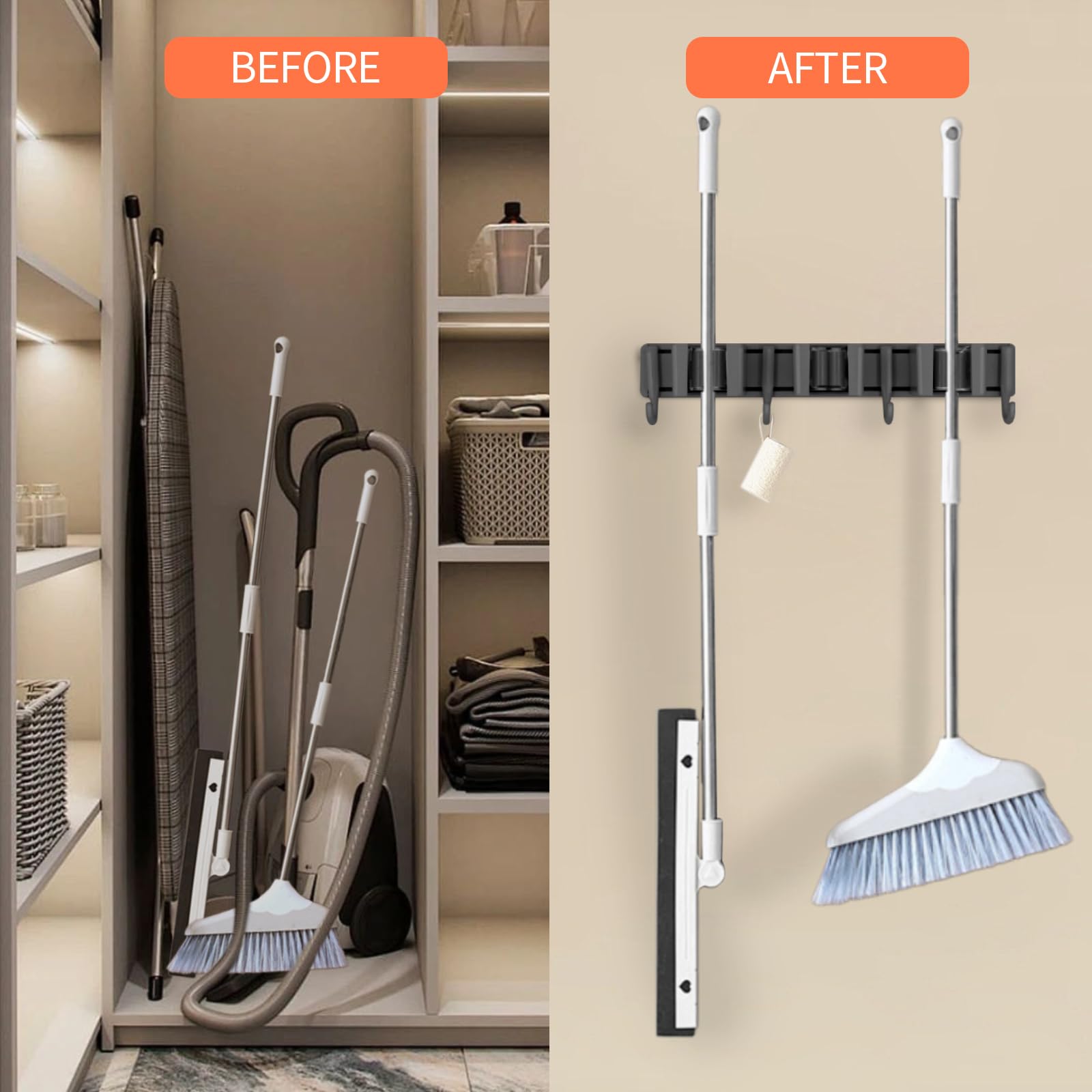 Broom and Mop Holder Wall Mount,Upgraded Broom Organizer,Broom Hanger Wall Mount for Home Kitchen Bathroom Garden Laundry Garage,Tool Organizer With 3 Racks and 4 Hooks (Black, 3 Racks with 4 Hooks)