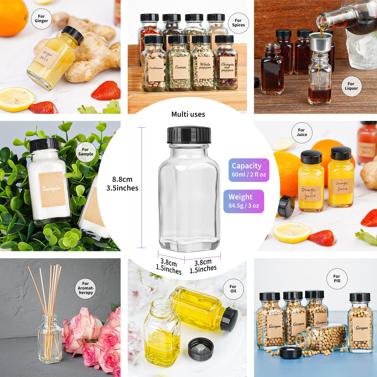 Syntic Clear Reusable Ginger Shot Bottles with Caps - 8 Pack 2 oz Small Square Glass Jars with 8 Sealed Conical Inner Caps & 8 Airtight Lids, Wide Mouth Juice bottles for Fridge, Extra Sticker, Funnel