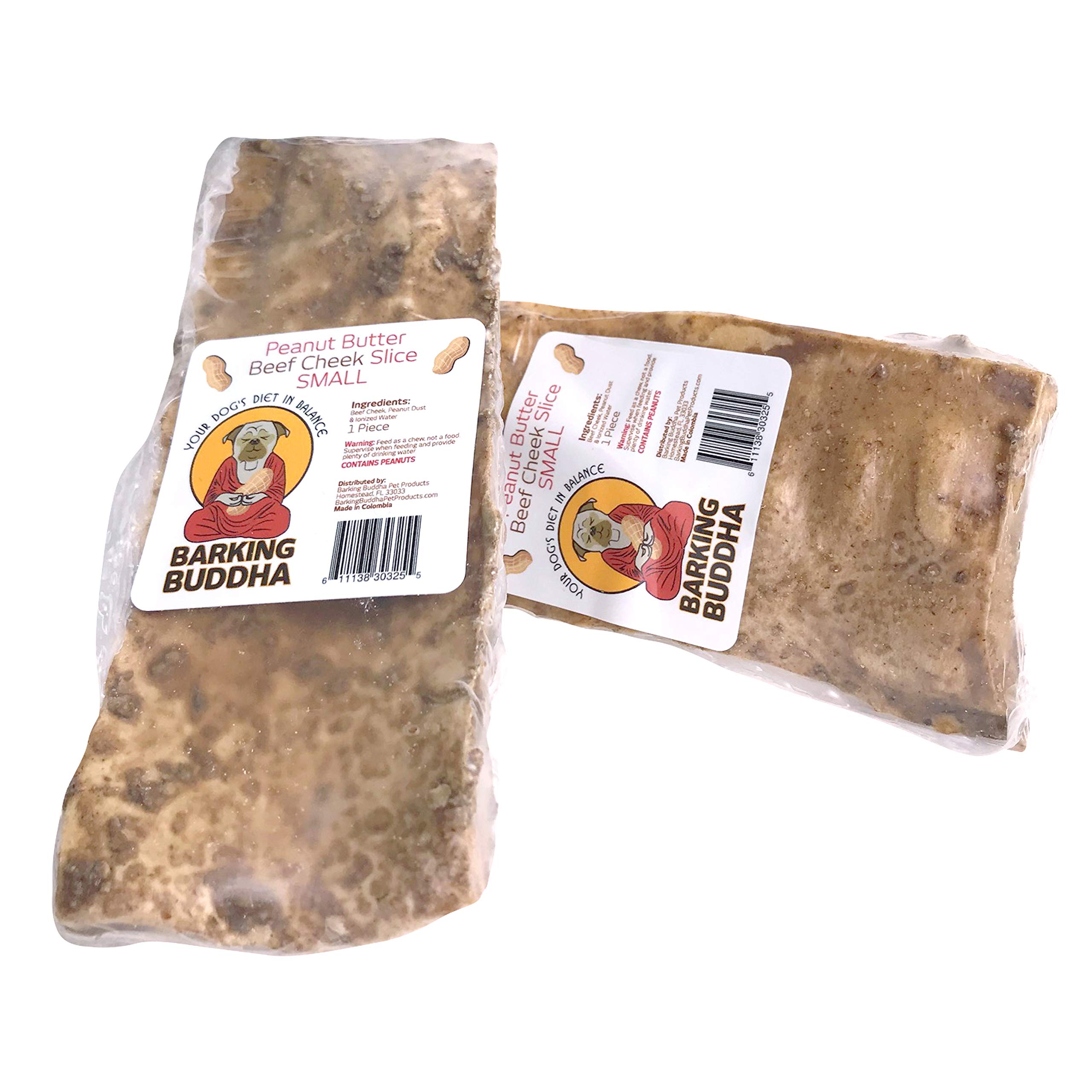 Barking Buddha Beef Cheek Slices | Premium Dog Chews | Extra Thick, All Natural, No Additives, Gluten Free | Peanut Butter - Small 5β-6β - 15 Pack